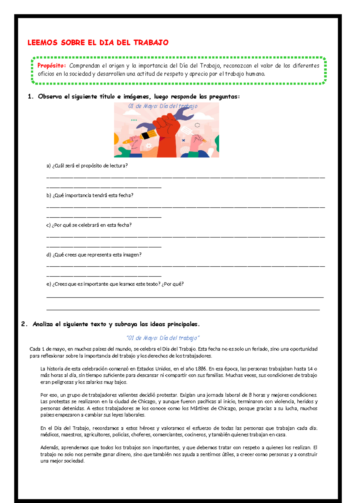 Ficha - Fecha Cívica: Leemos Sobre El Día del Trabajo - Importancia y ...