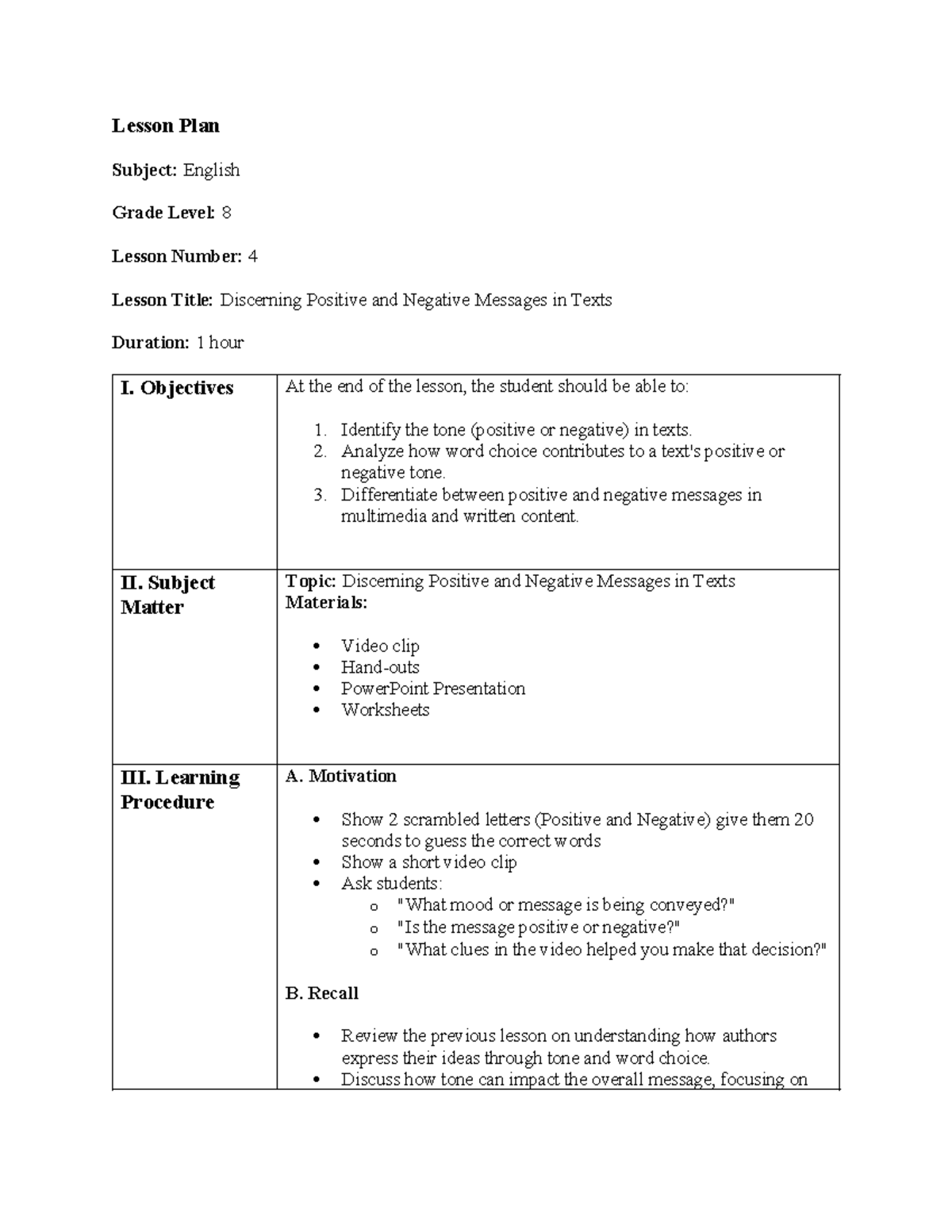 Lesson Plan: Discerning Positive & Negative Messages in English 8 Final ...