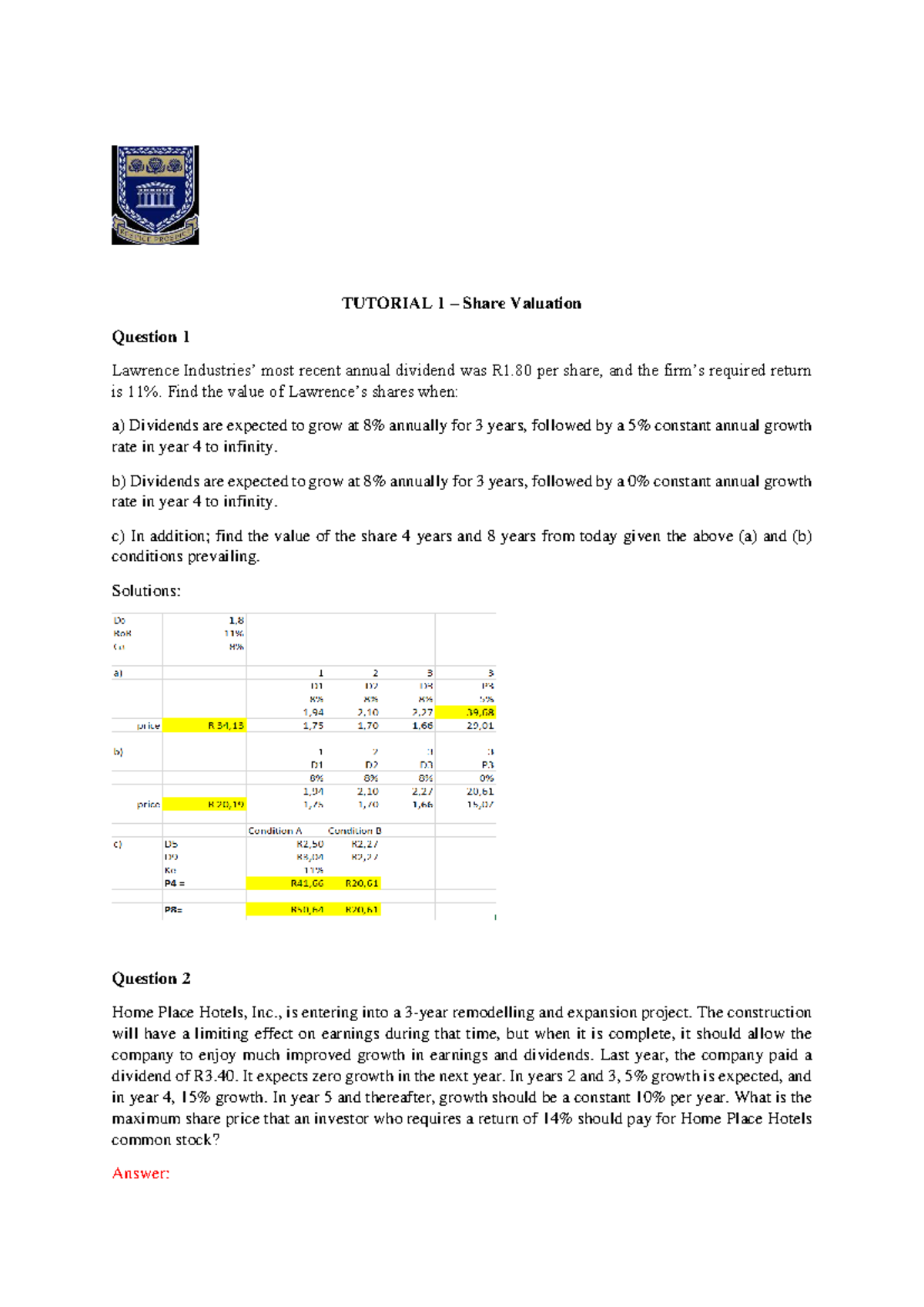 Tutorial 1: Share Valuation Questions & Solutions - Studocu
