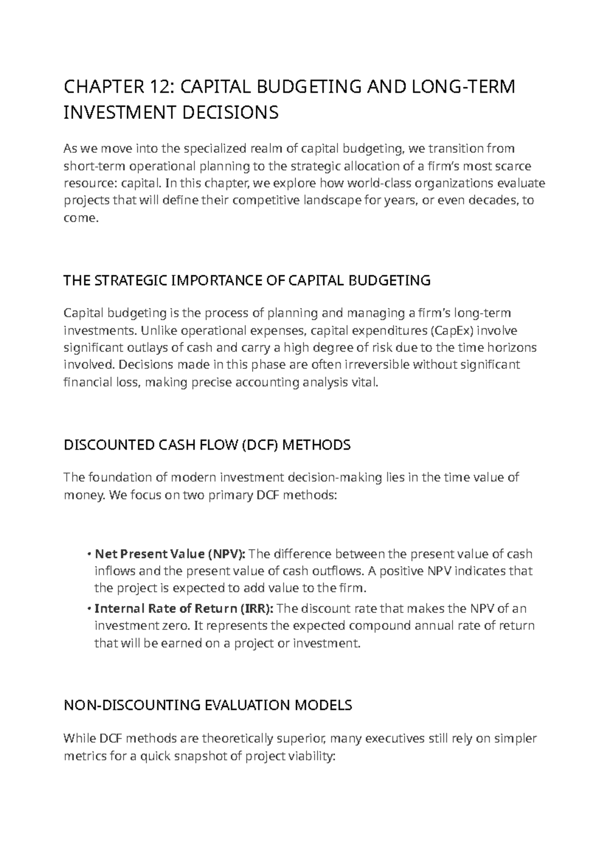 CHAPTER 12: CAPITAL BUDGETING & INVESTMENT DECISIONS - Studocu
