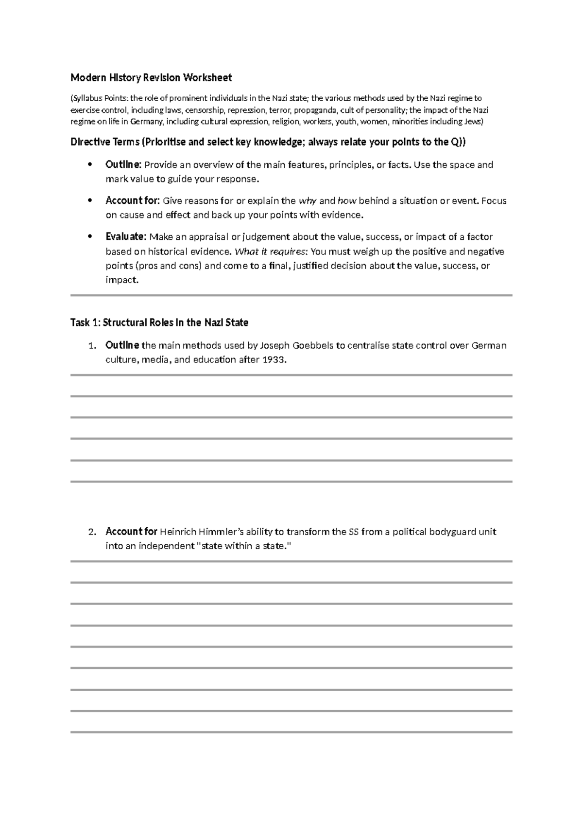 Modern History Revision Worksheet: Power & Authority in Nazi Germany ...