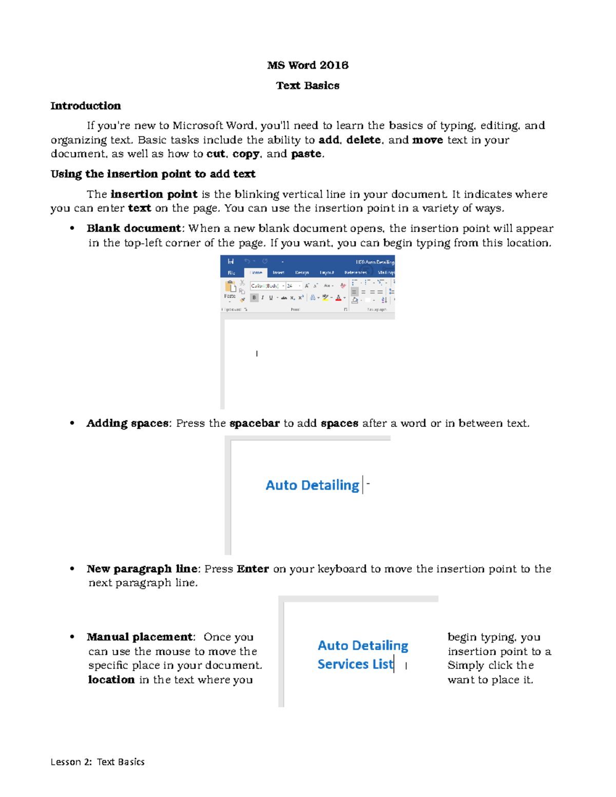 MS-Word-2016 Lesson-2 Text-Basics - MS Word 2016 Text Basics ...