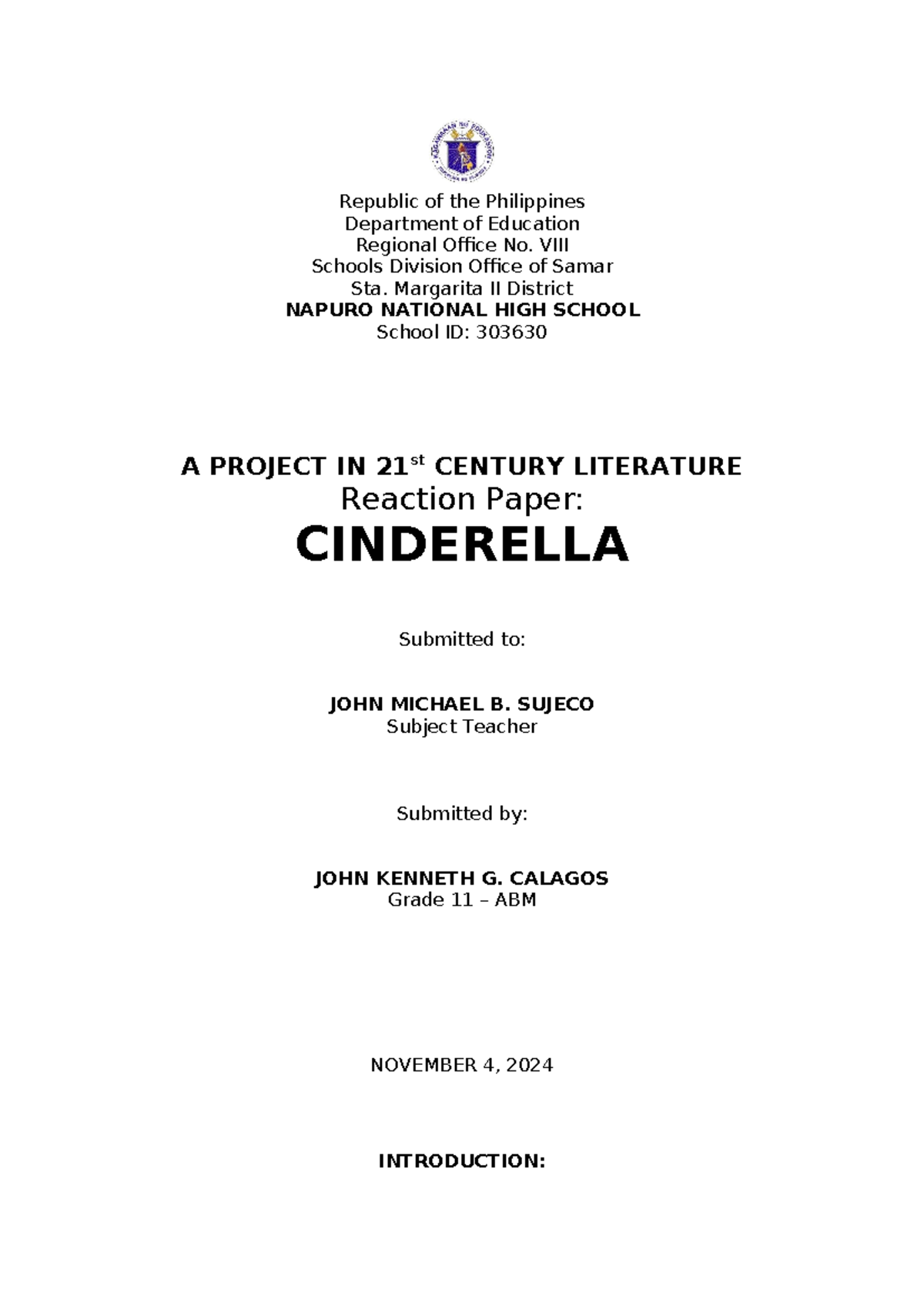 Reaction Paper - Inchang - Republic of the Philippines Department of ...