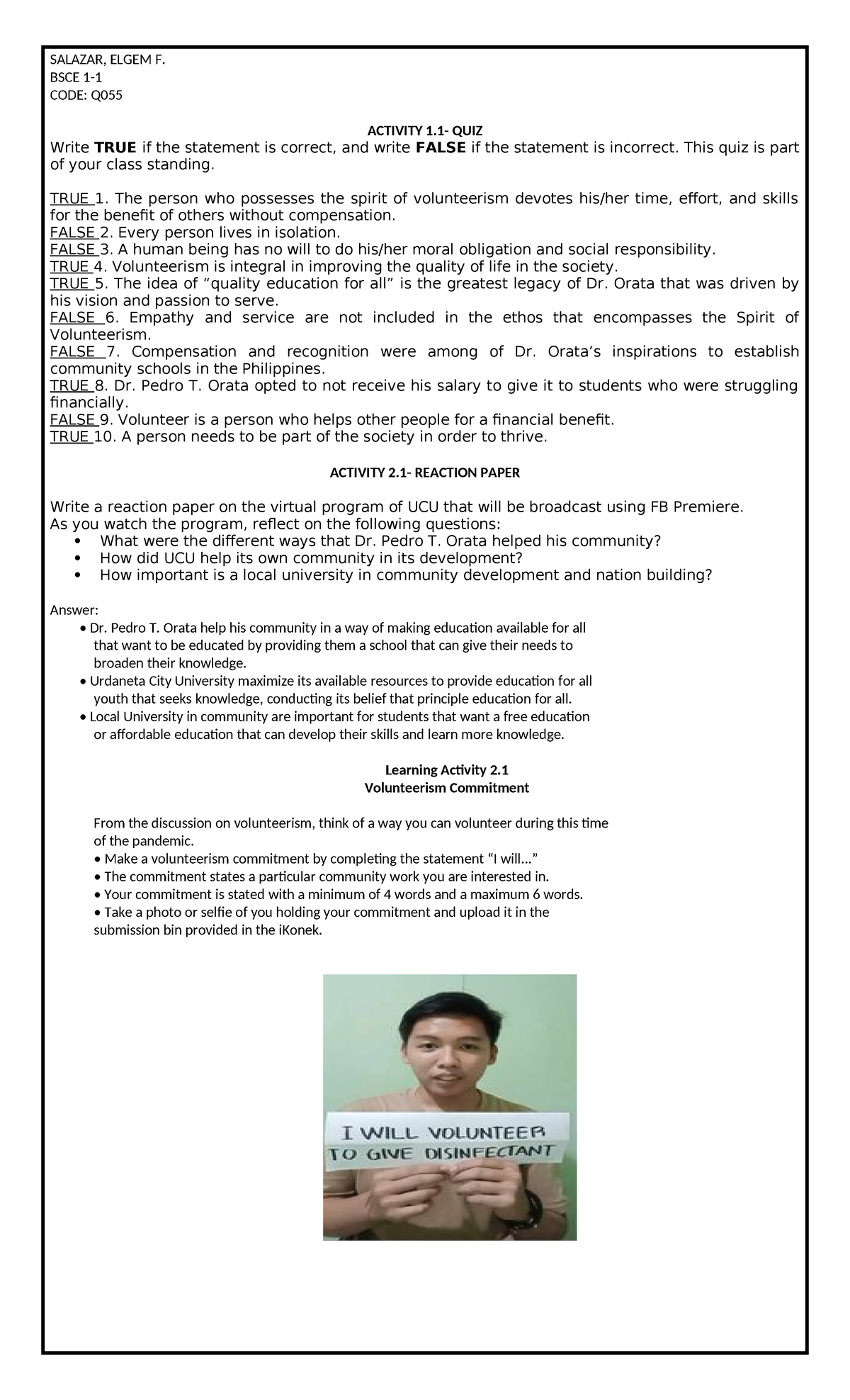 Orata NG MGA Poging Londonians - SALAZAR, ELGEM F. BSCE 1- CODE: Q ACTIVITY 1- QUIZ Write TRUE ...