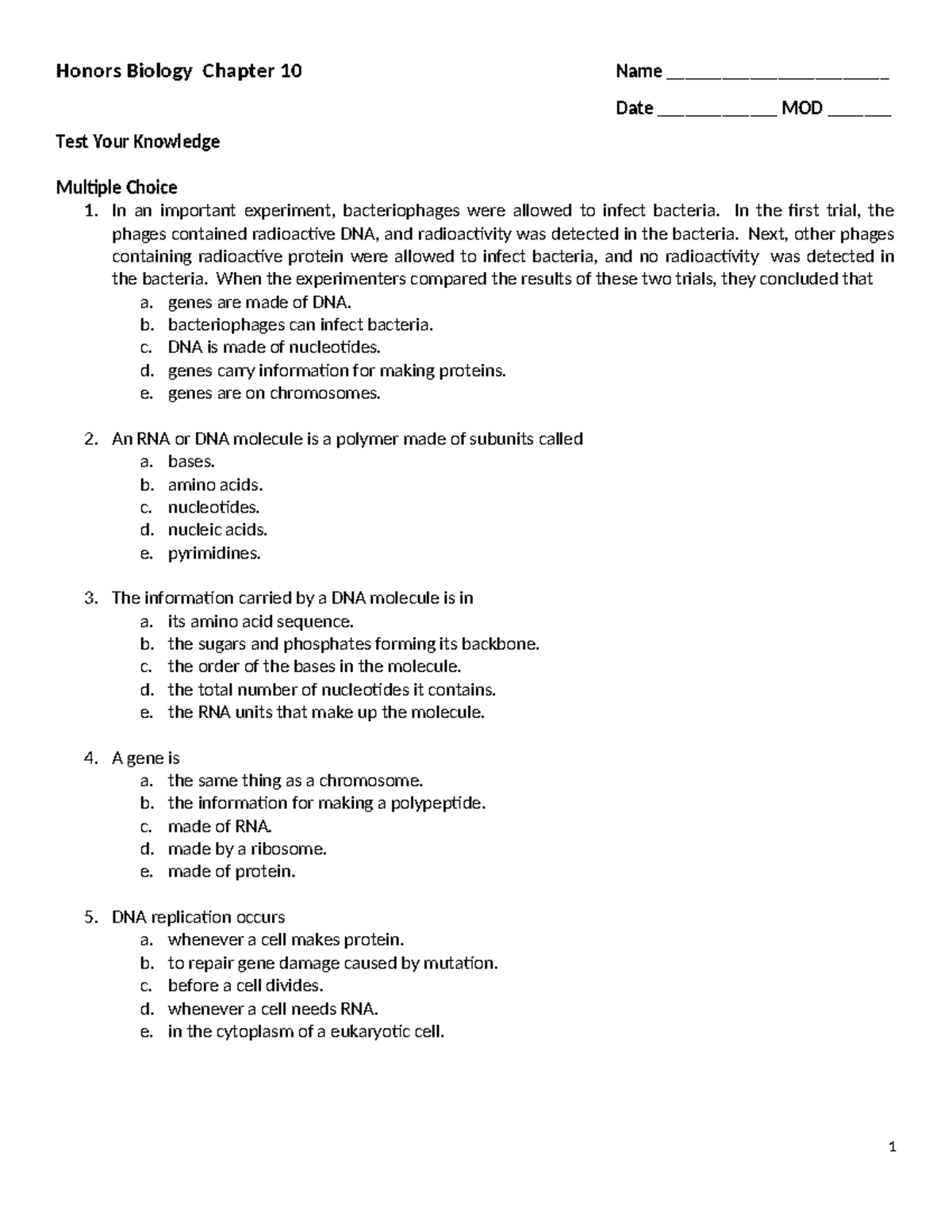 Honors Biology TYK Quiz on Chapter 10: Genetics and DNA Function - Studocu