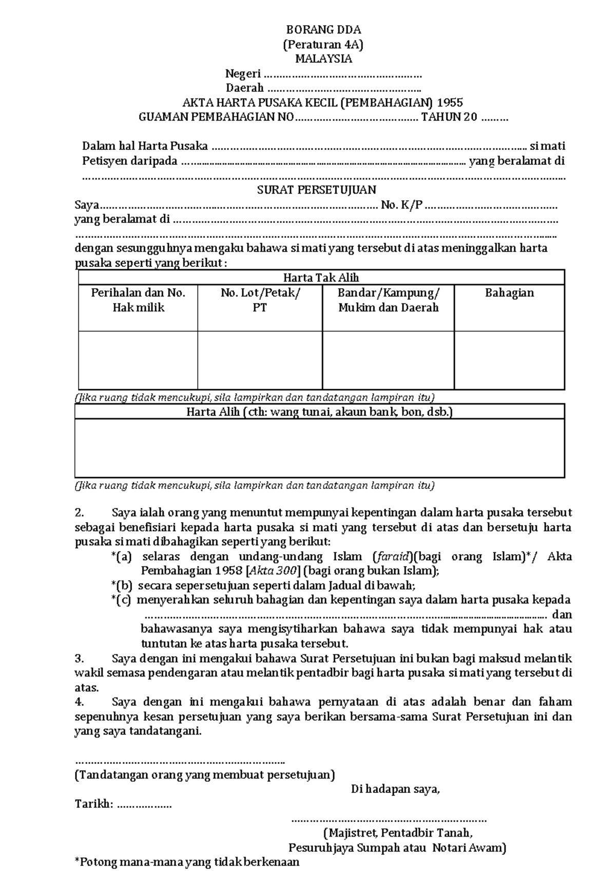 Borang DDA - Harta Pusaka Kecil (Peraturan 4A) untuk Pembahagian - Studocu