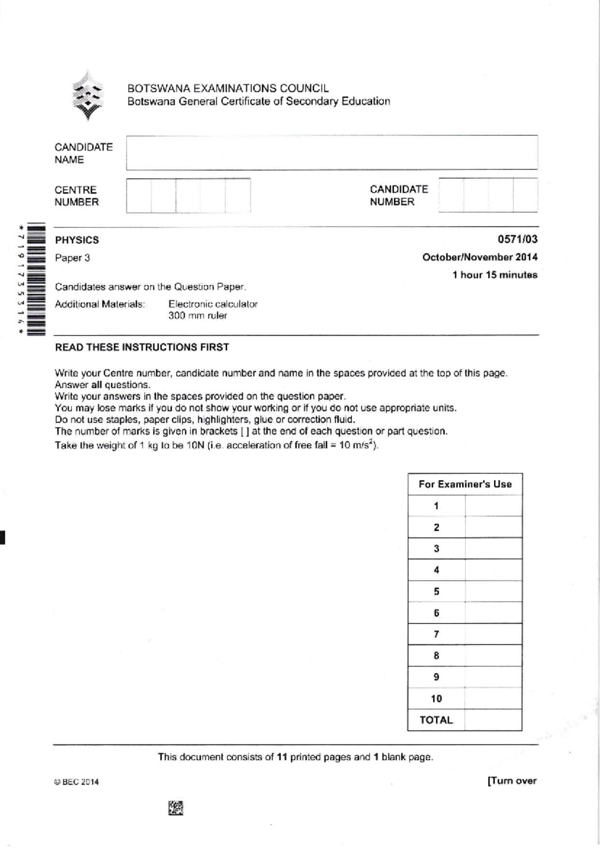PHYSICS 2014 BGCSE Exam Paper 3: Candidate Instructions and Questions ...