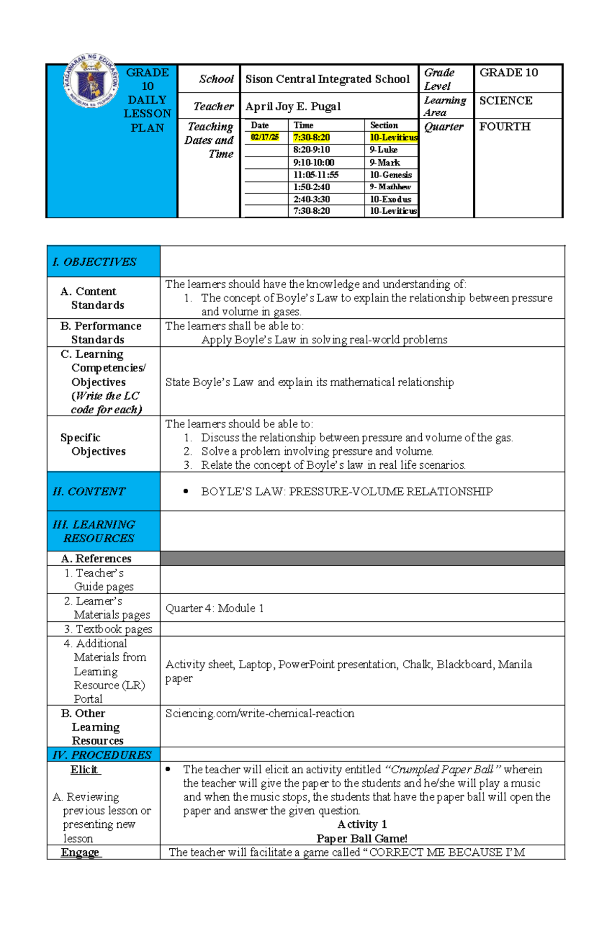 GRADE 10 SCIENCE DAILY LESSON PLAN: LAW OF GASES (Q4) - Studocu