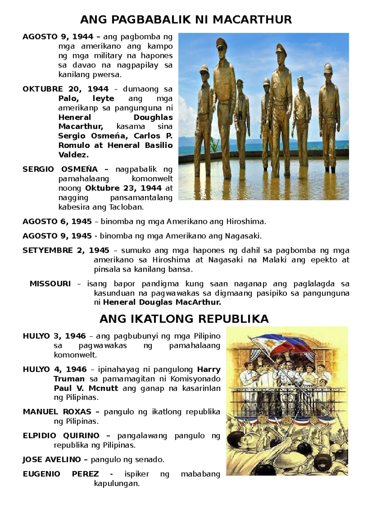 ANG PAGBABALIK NI MACARTHUR AT ANG IKATLONG REPUBLIKA - Studocu