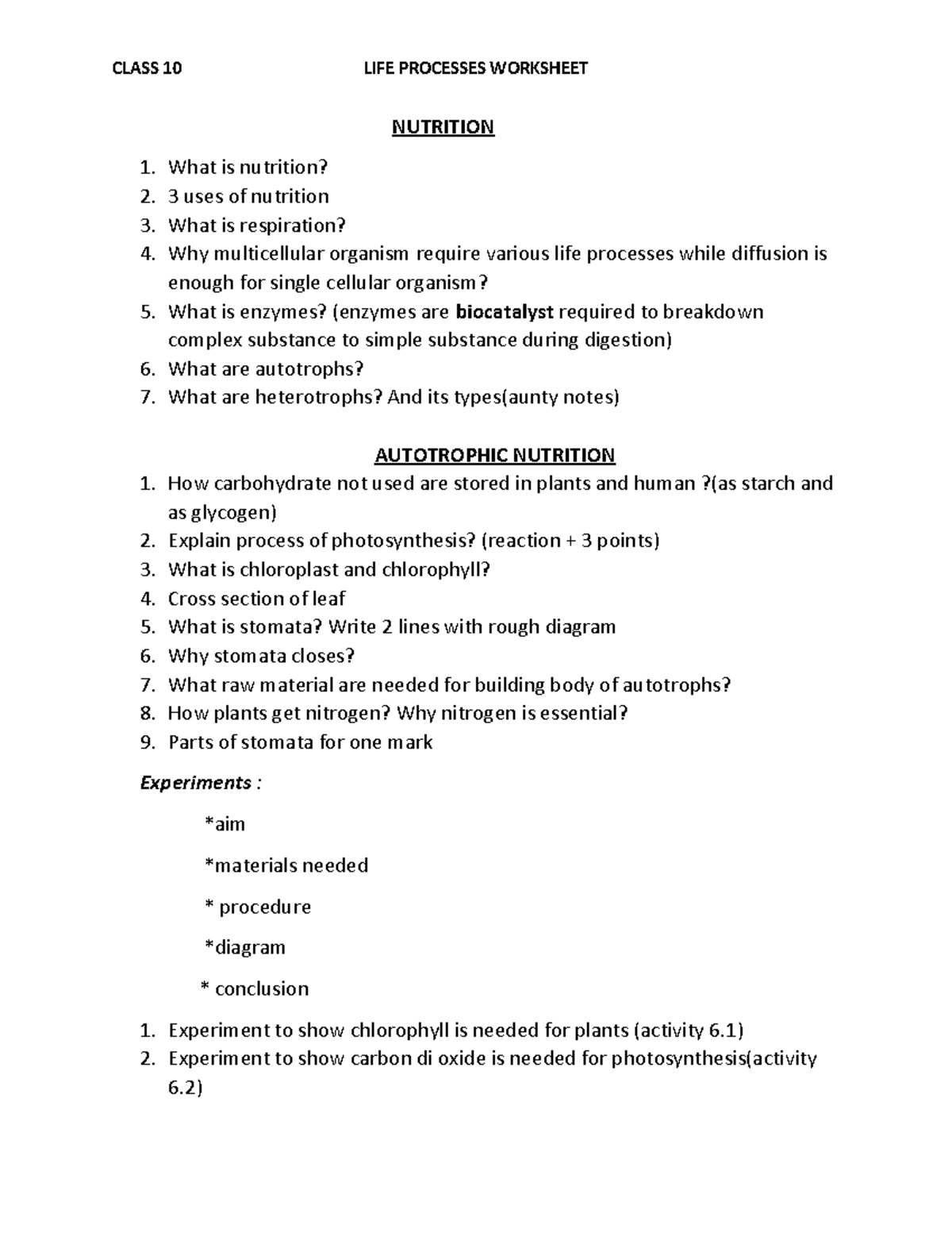 CLASS 10 BIO1 LIFE PROCESSES WORKSHEET ON NUTRITION AND RESPIRATION ...