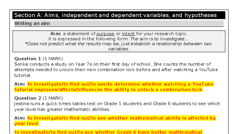 2023 U2AOS3 Section A: Aims, Variables, and Hypotheses Solutions - Studocu