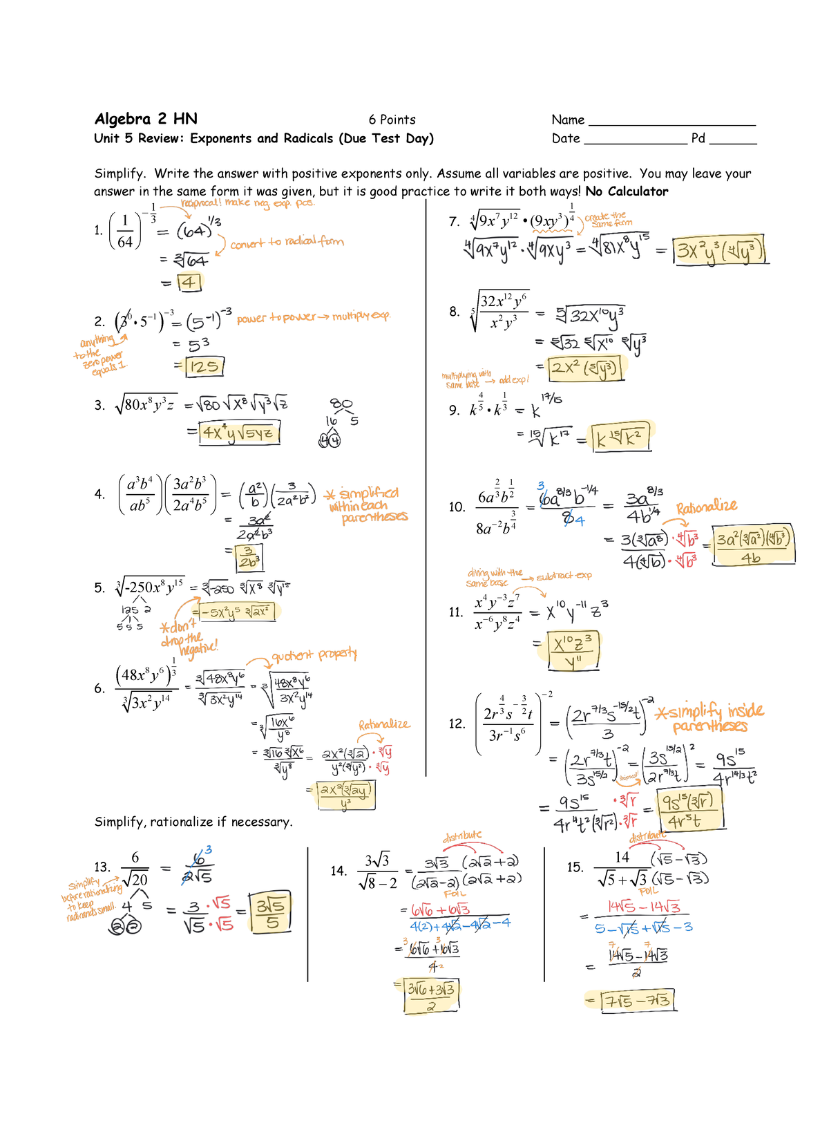 Algebra 2 HN Unit 5 Review: Exponents & Radicals (Test Day Prep) - Studocu