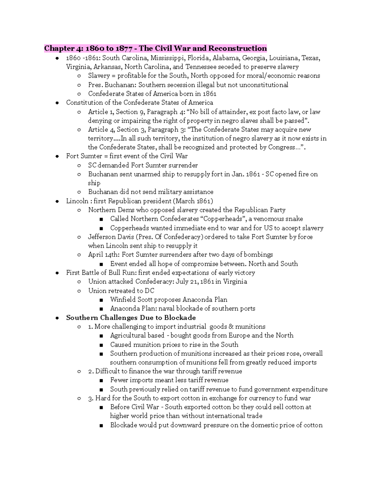 Test 2 - ECON Chapter Notes - Chapter 4: 1860 to 1877 - The Civil War ...