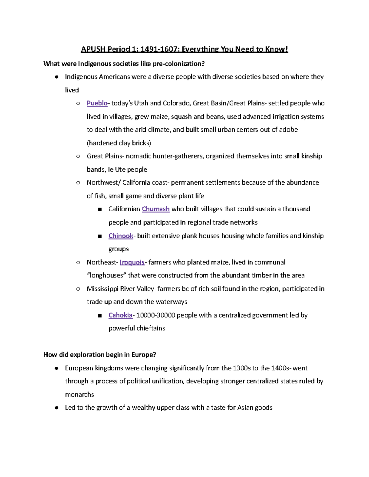APUSH Period 1 1491-1607 - Study Guide - APUSH Period 1: 1491-1607 ...