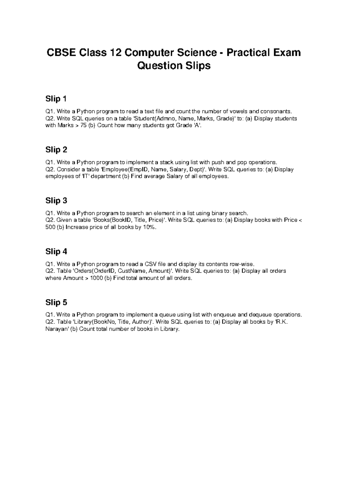 CBSE Class 12 CS Practical Exam Question Slips Overview - Studocu