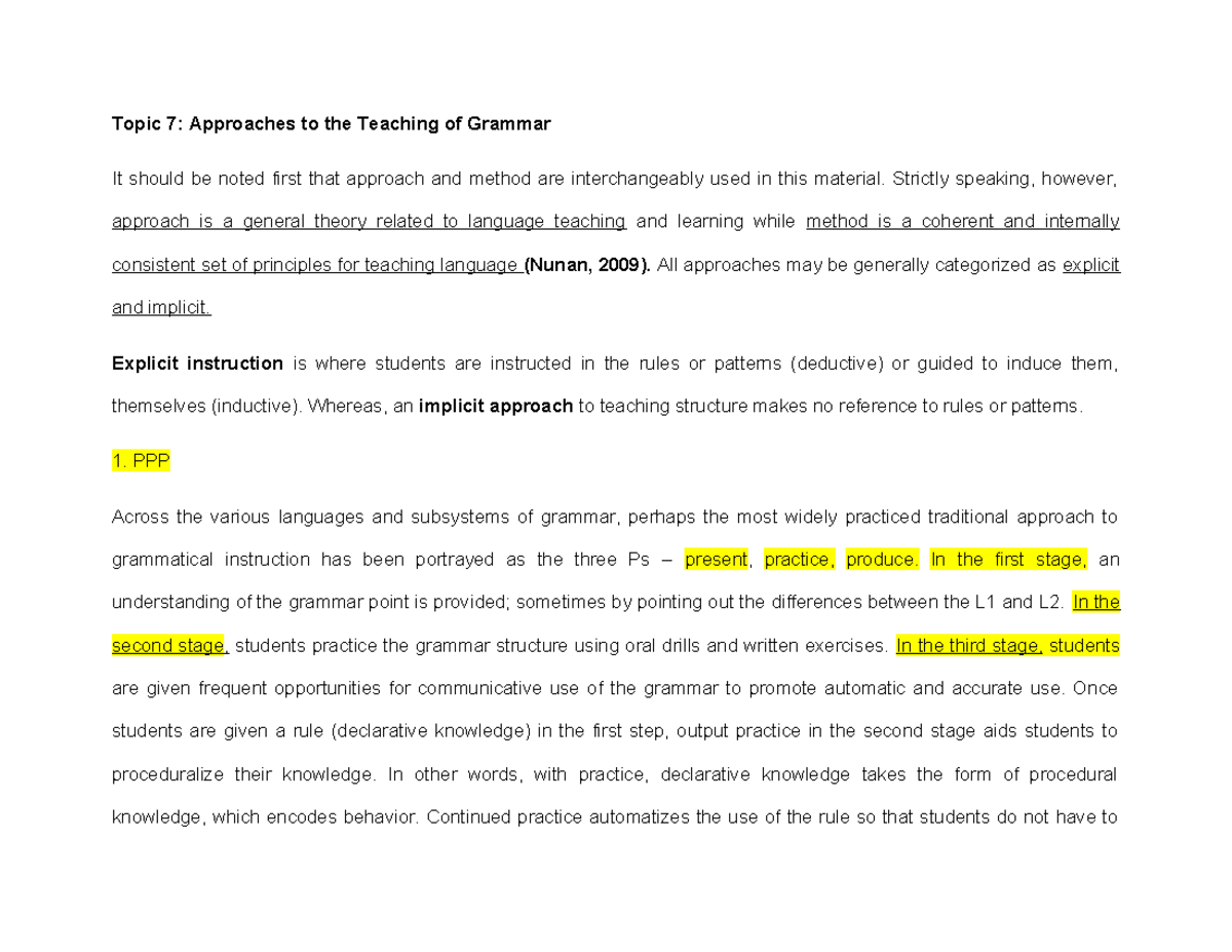 Topic 7 - English Grammar - Topic 7: Approaches to the Teaching of ...