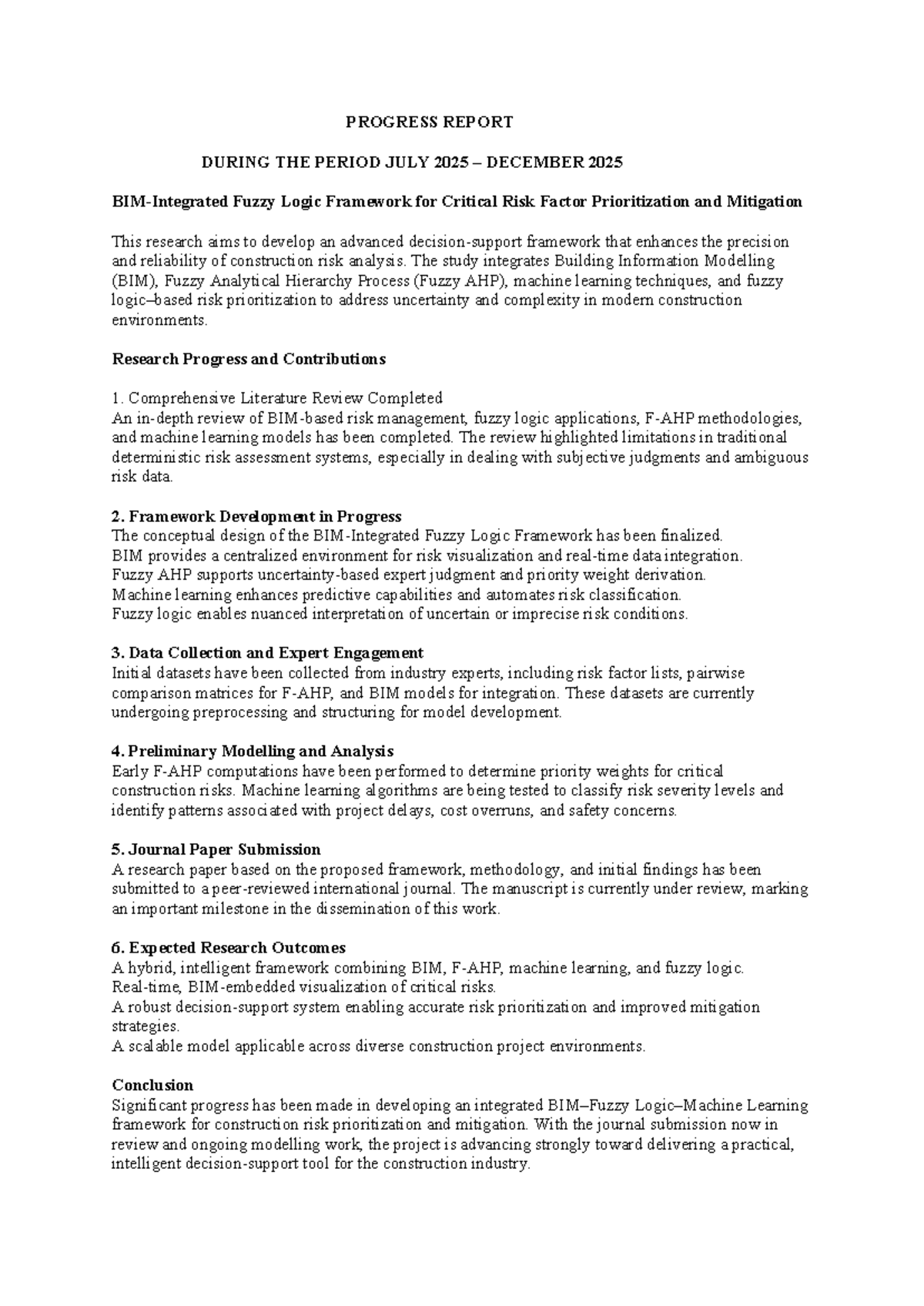 Fuzzy Logic Framework for Construction Risk Mitigation Progress Report ...