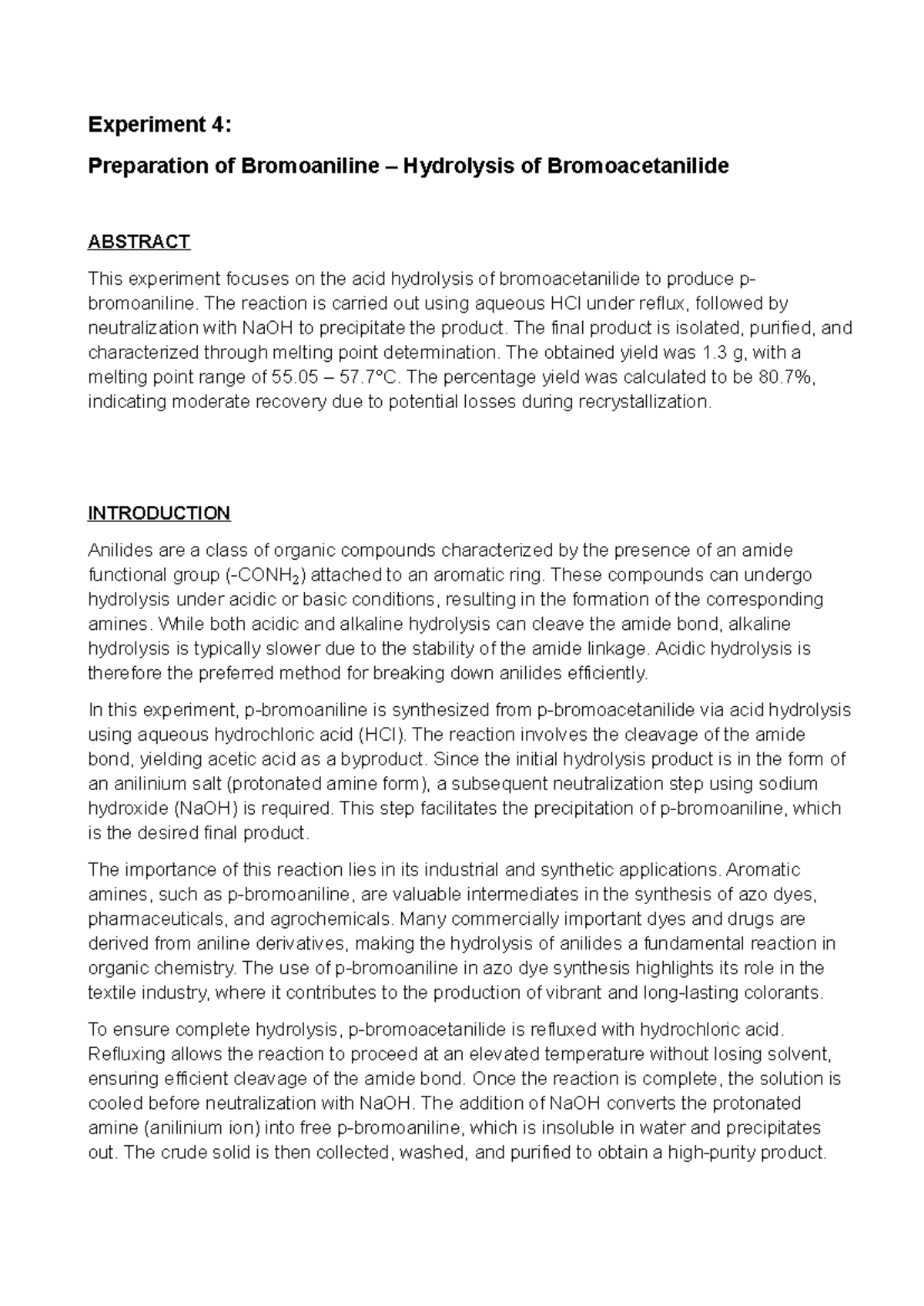 Experiment 4: Hydrolysis of Bromoacetanilide to Bromoaniline Lab Report ...