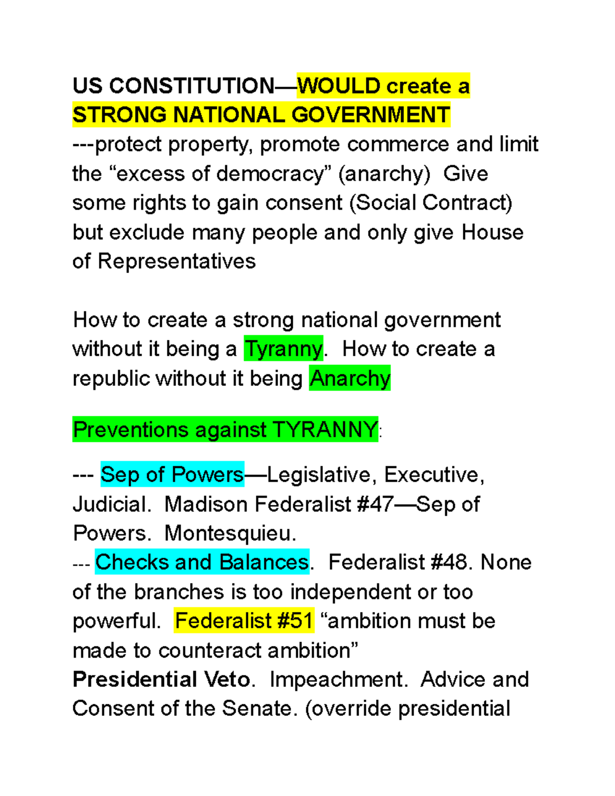 003 - lecture notes - US CONSTITUTION—WOULD create a STRONG NATIONAL ...