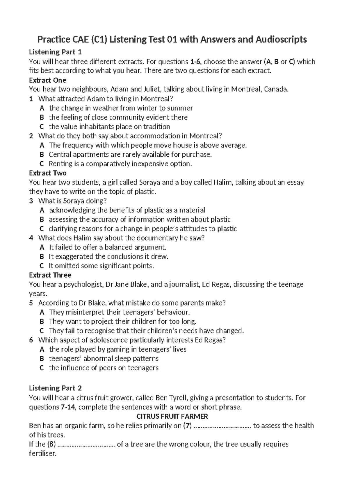 Practice CAE (C1) Listening Test 01: Extracts & Answers - Studocu