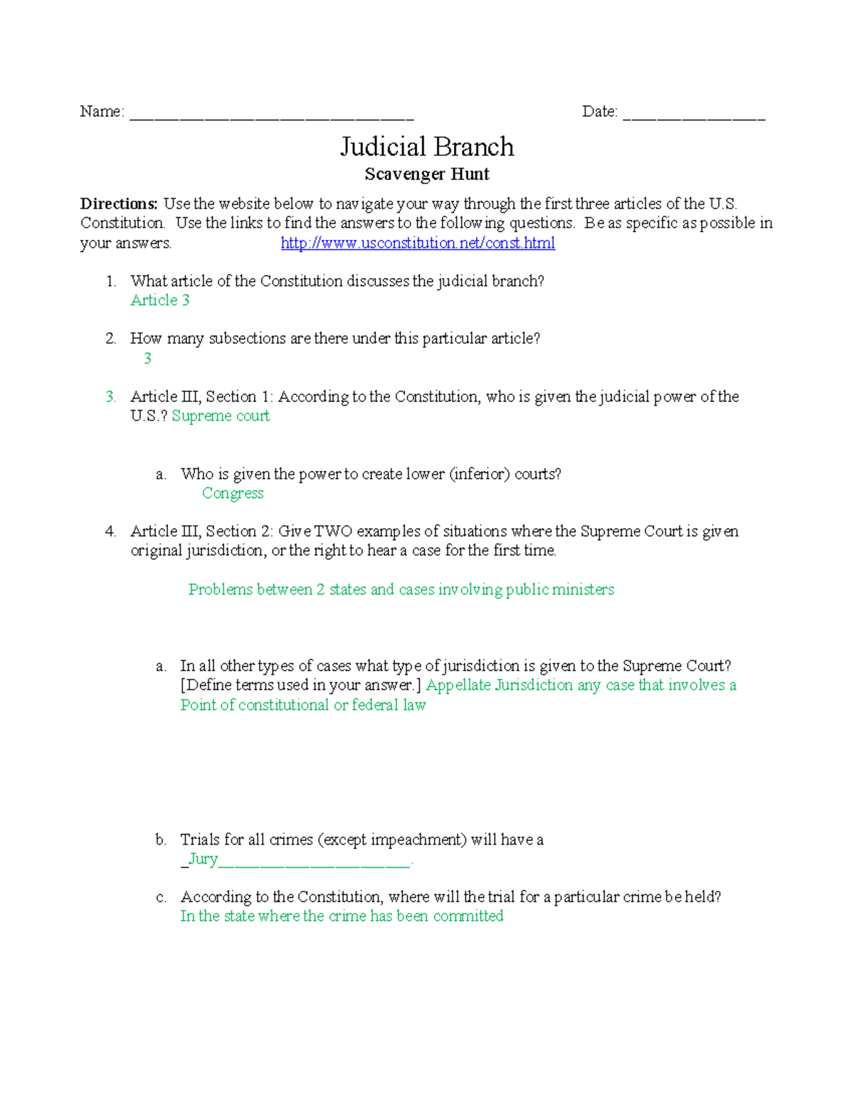 Judicial Branch Scavenger Hunt: Exploring Article 3 of the U.S ...