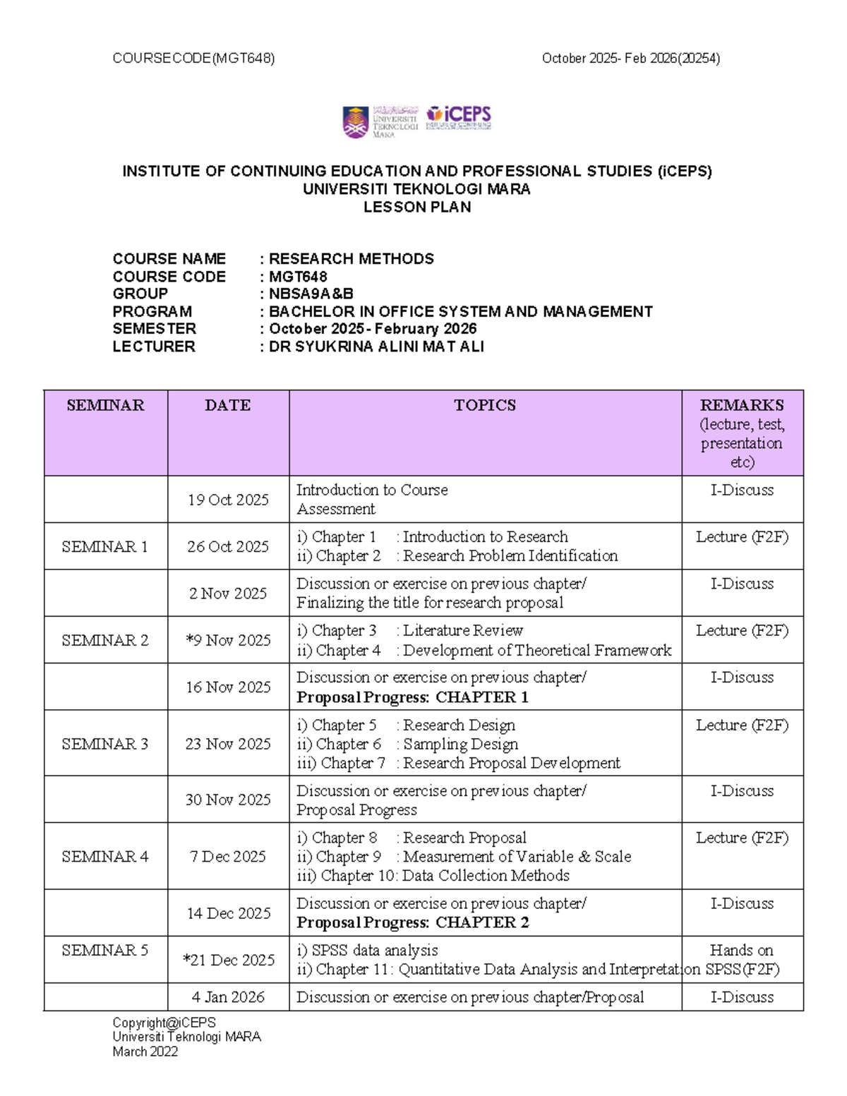 MGT648 Lesson Plan: Research Methods (Oct 2025 - Feb 2026) - Studocu