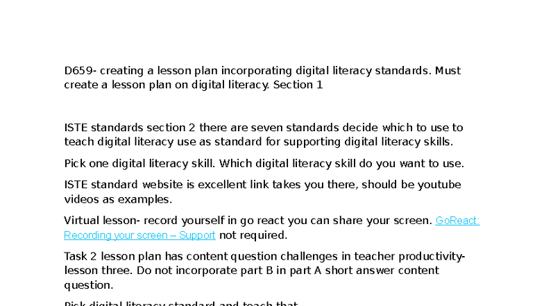 Creating a Lesson Plan on Digital Literacy Standards (D659) - Studocu