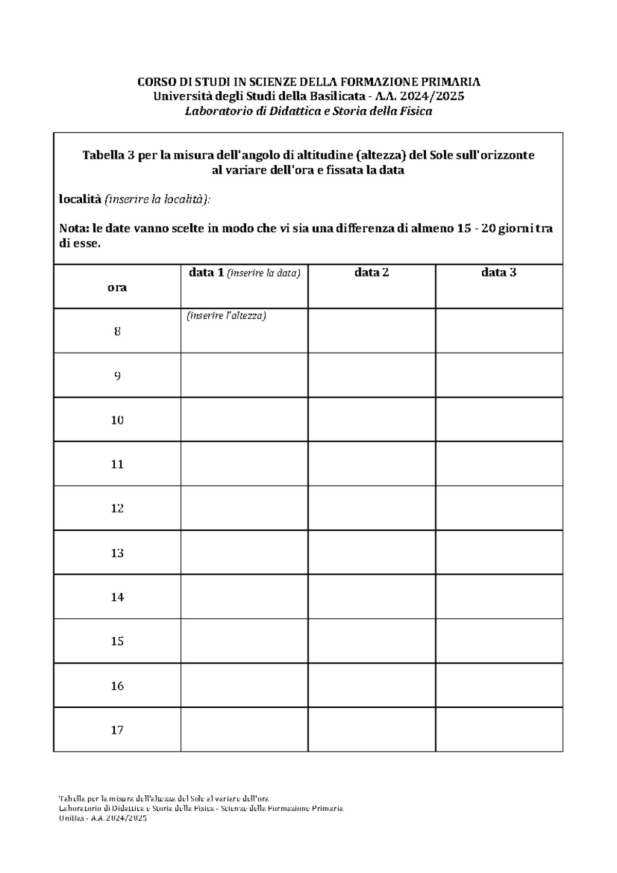 Tabella 3 misura altezza Sole al variare dellora Lab DSF Uni Bas 2024 ...