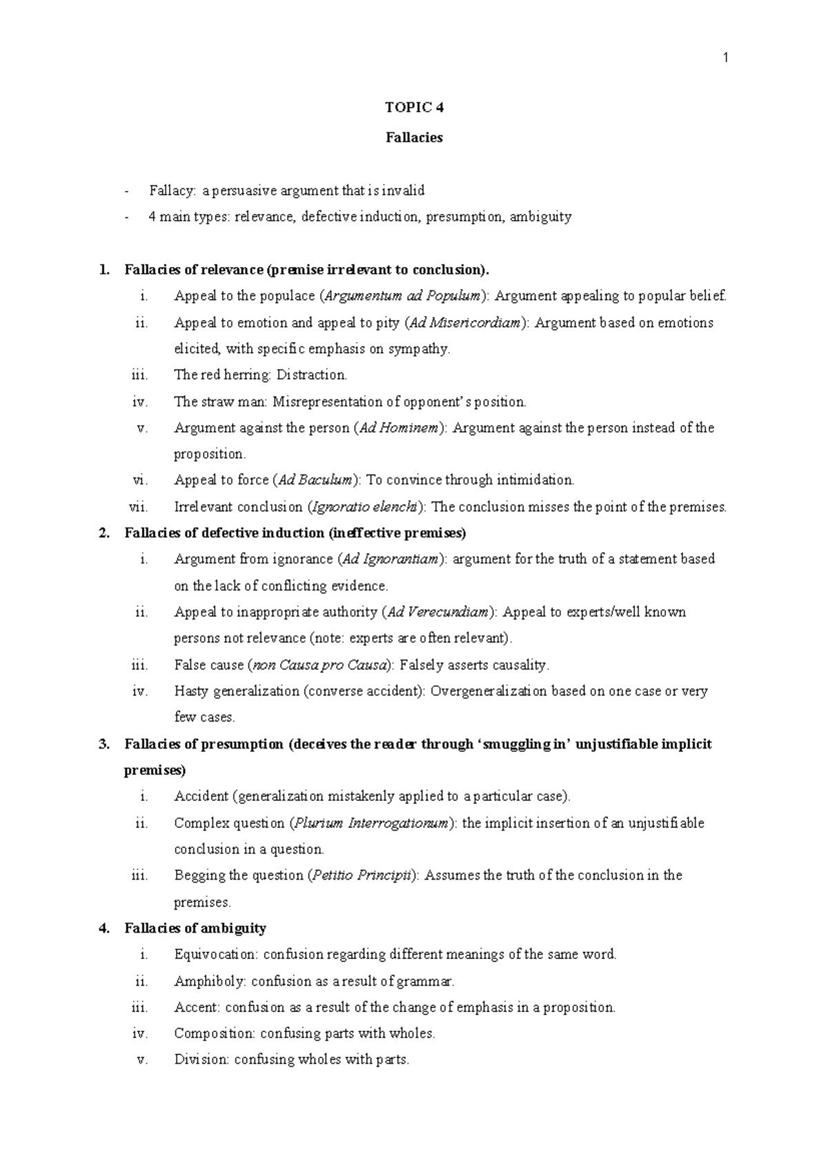 Logic Notes - Fallacies (Topic 4) - Studocu
