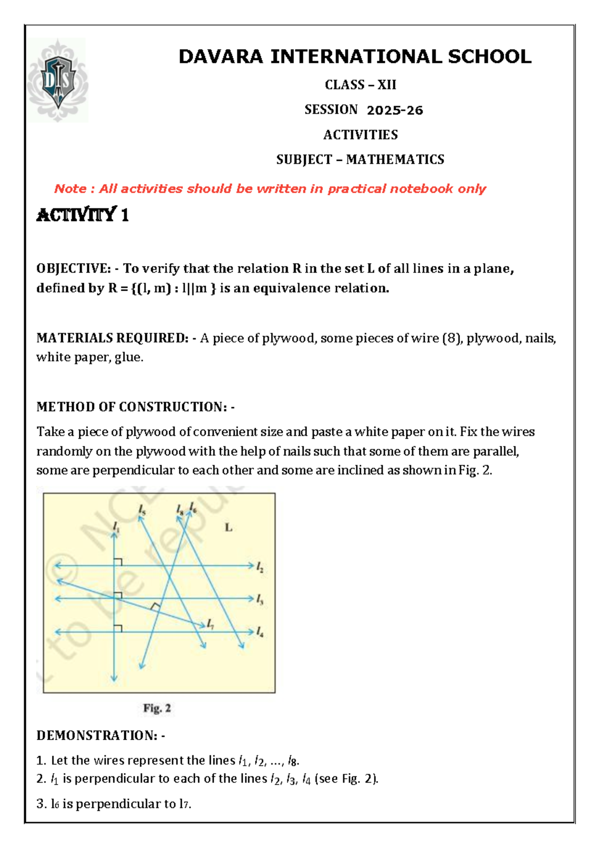Mathematics Activities for Class XII (2025-26) - DAVARADAVARA School - Studocu