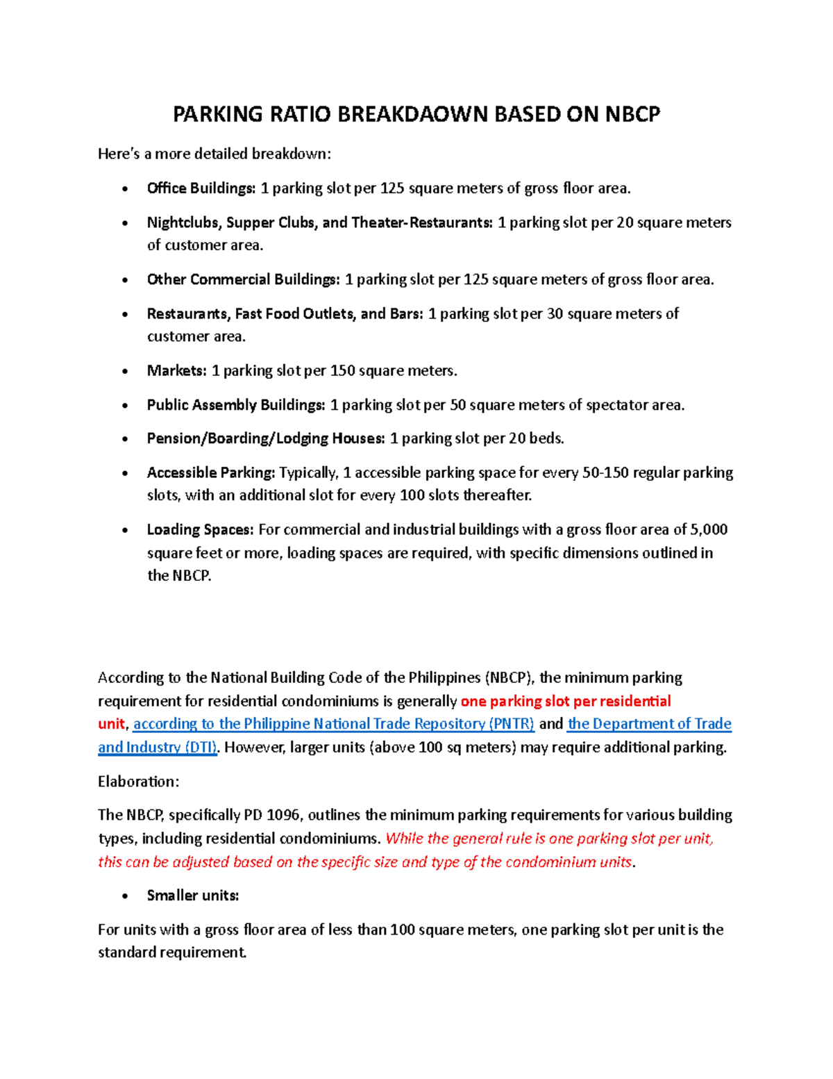 Parking Ratio Breakdown According to NBCP Regulations - Studocu