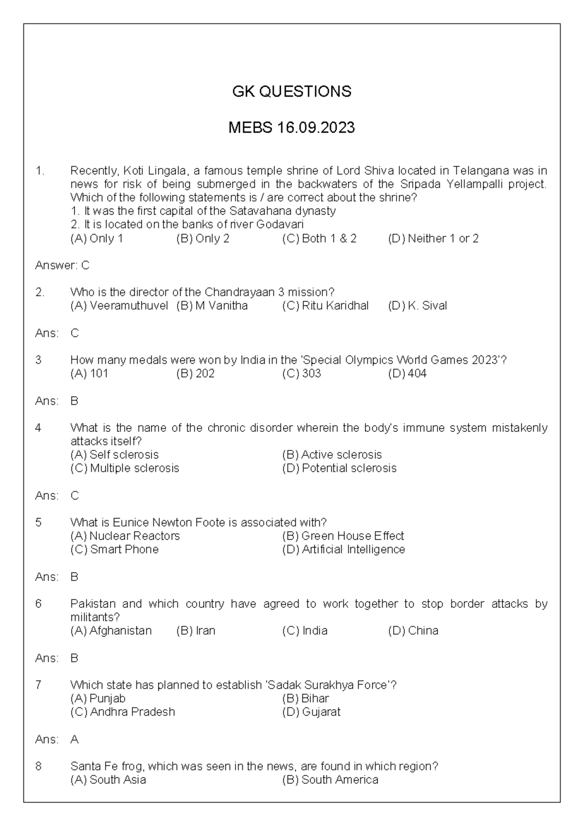 GK Questions MEBS - Current Affairs & General Knowledge Quiz - Studocu