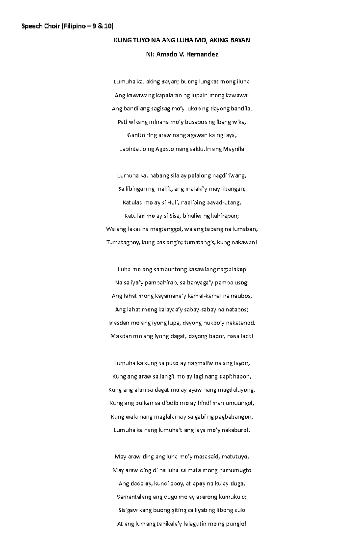 Speech Choir - hhhh - Speech Choir (Filipino – 9 & 10) KUNG TUYO NA ANG ...