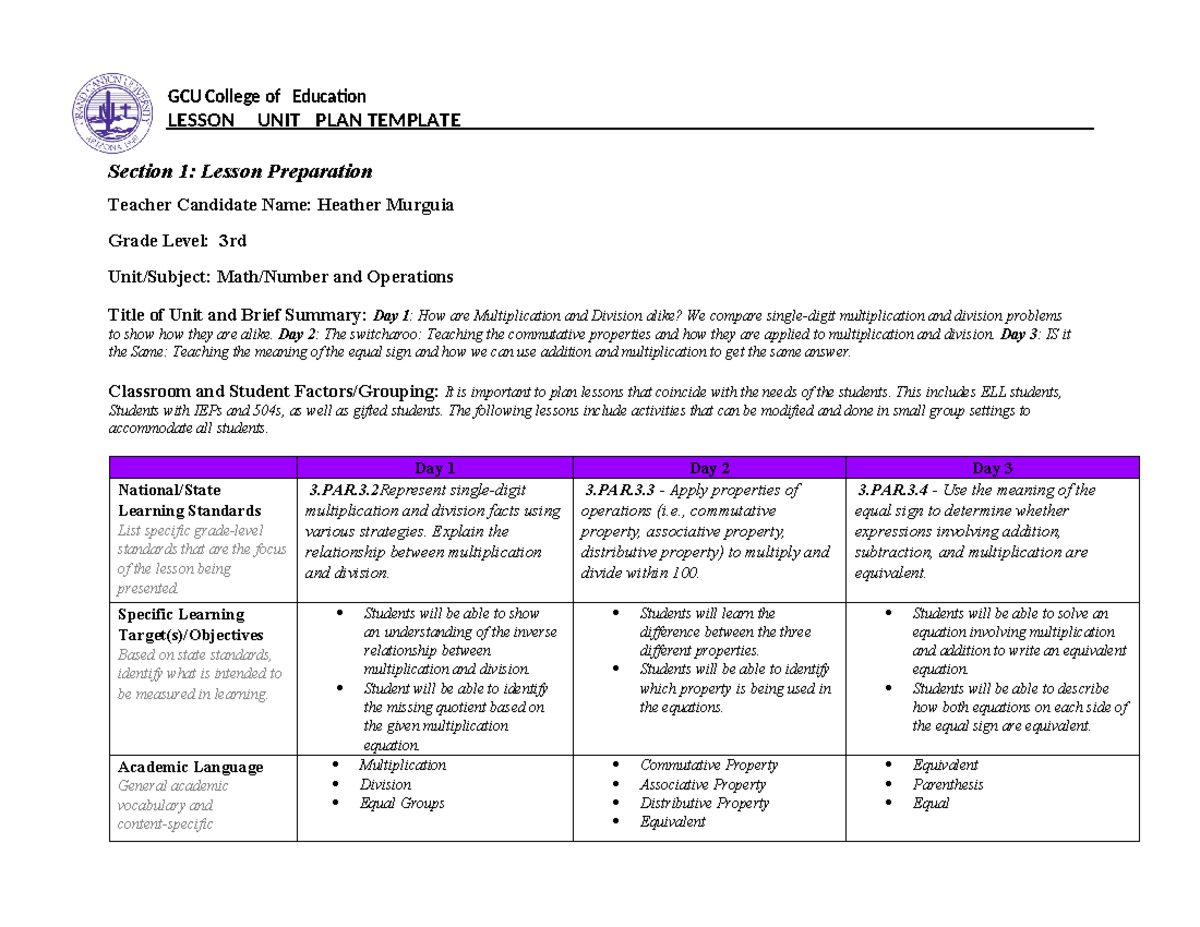 3-day unit plan template (1)-Wk 7 - Section 1: Lesson Preparation ...