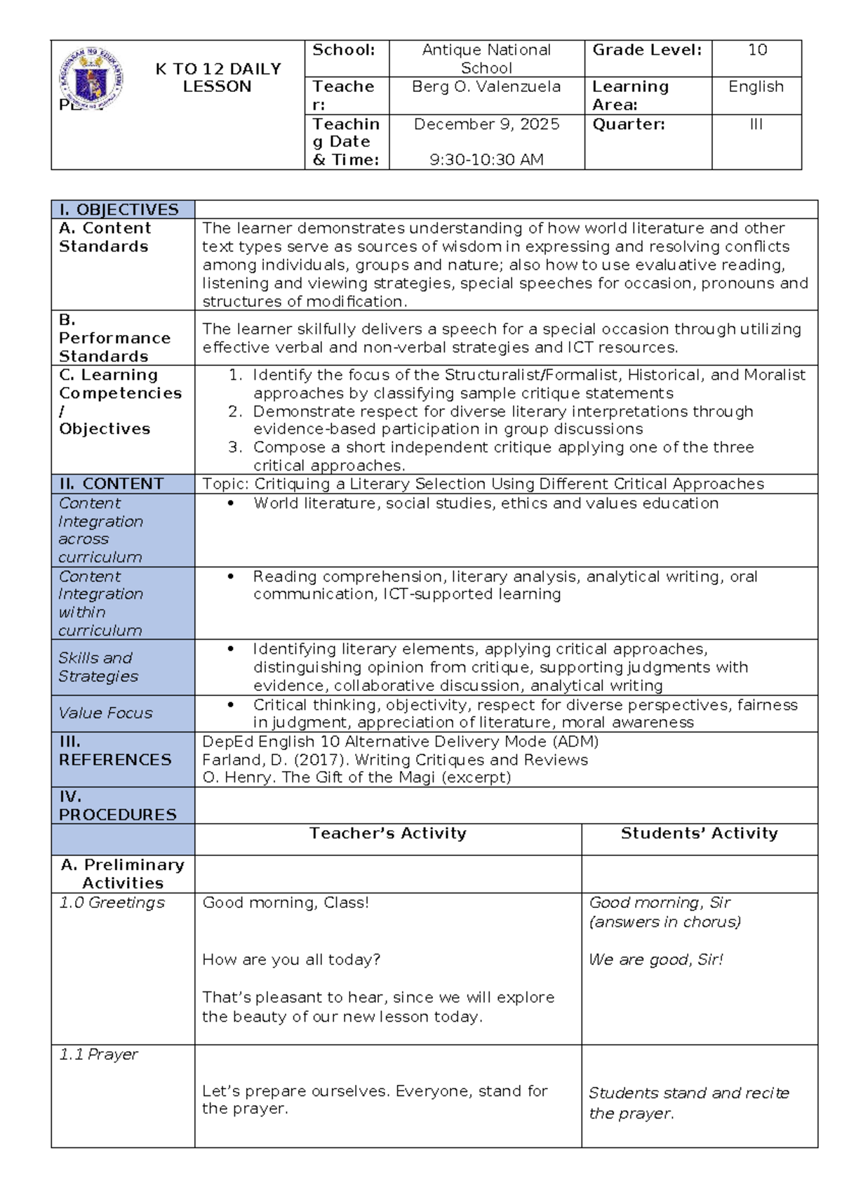 ENG 10 Lesson Plan: Critiquing Literary Selections Using Approaches ...