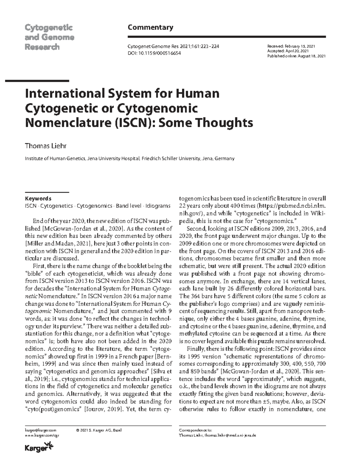 ISCN 2020 Commentary: Key Changes in Cytogenetics and Cytogenomics ...