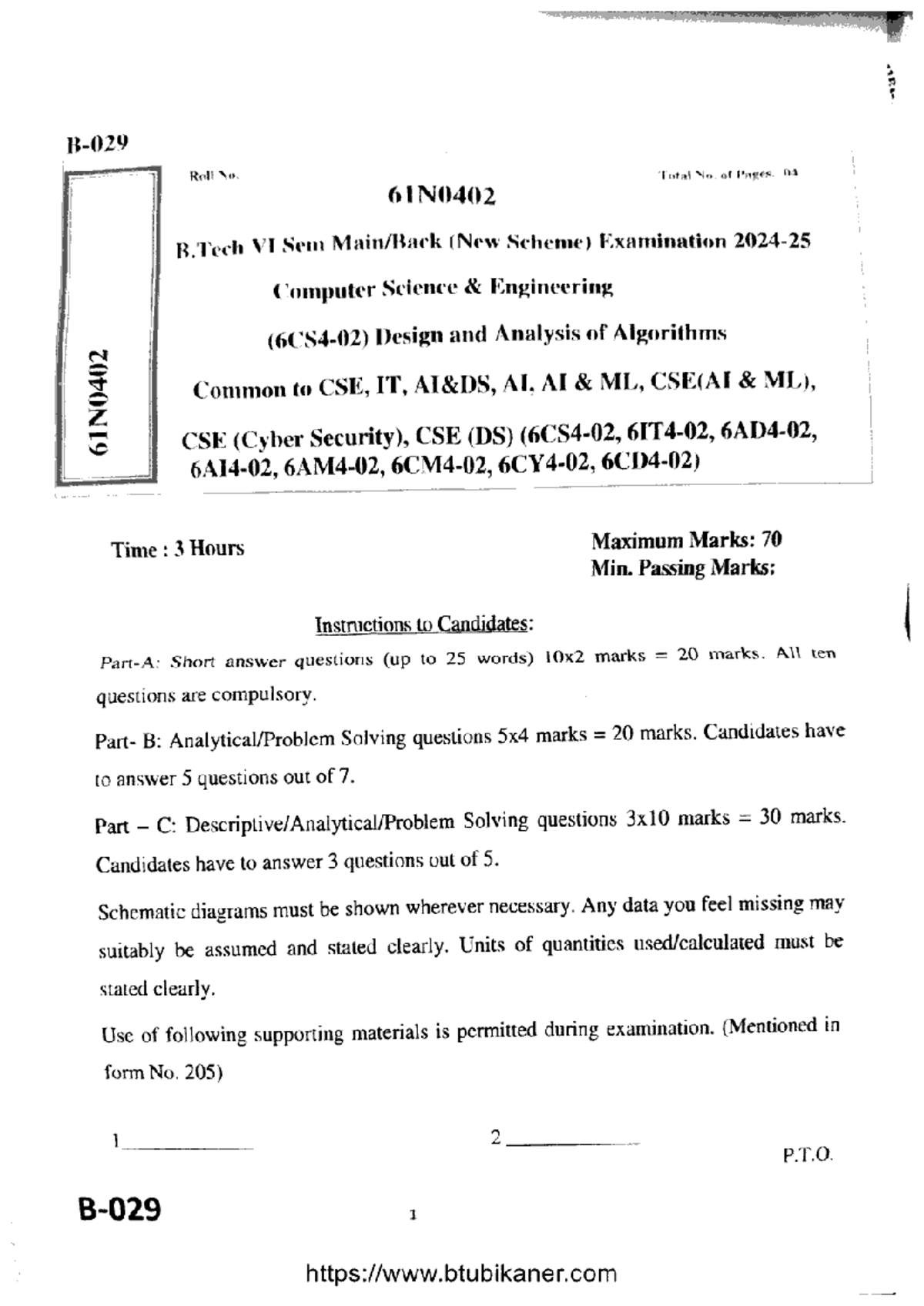 B.Tech VI Sem Design & Analysis of Algorithms Exam 61N0402 - Studocu
