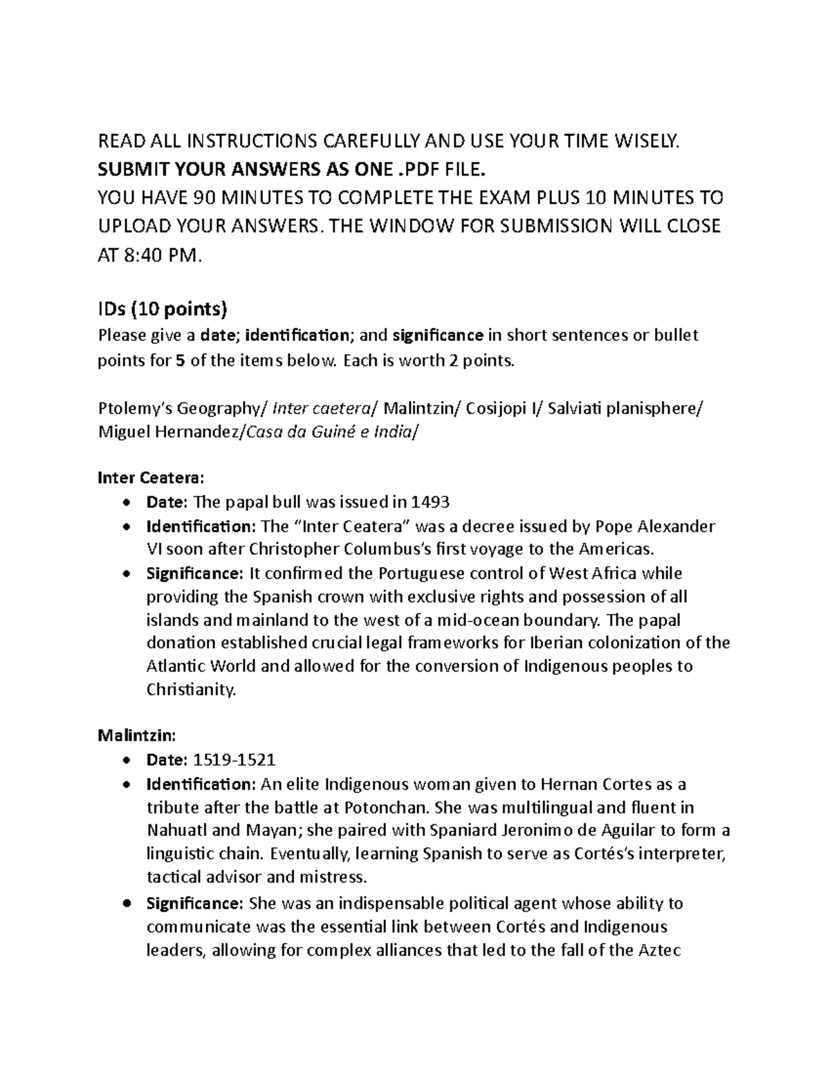 Midterm Exam Answers: Analyzing the Fall of Tenochitlan - Studocu