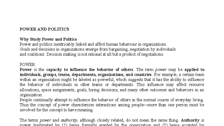 Power and Politics: Understanding Influence in Organizations - Studocu