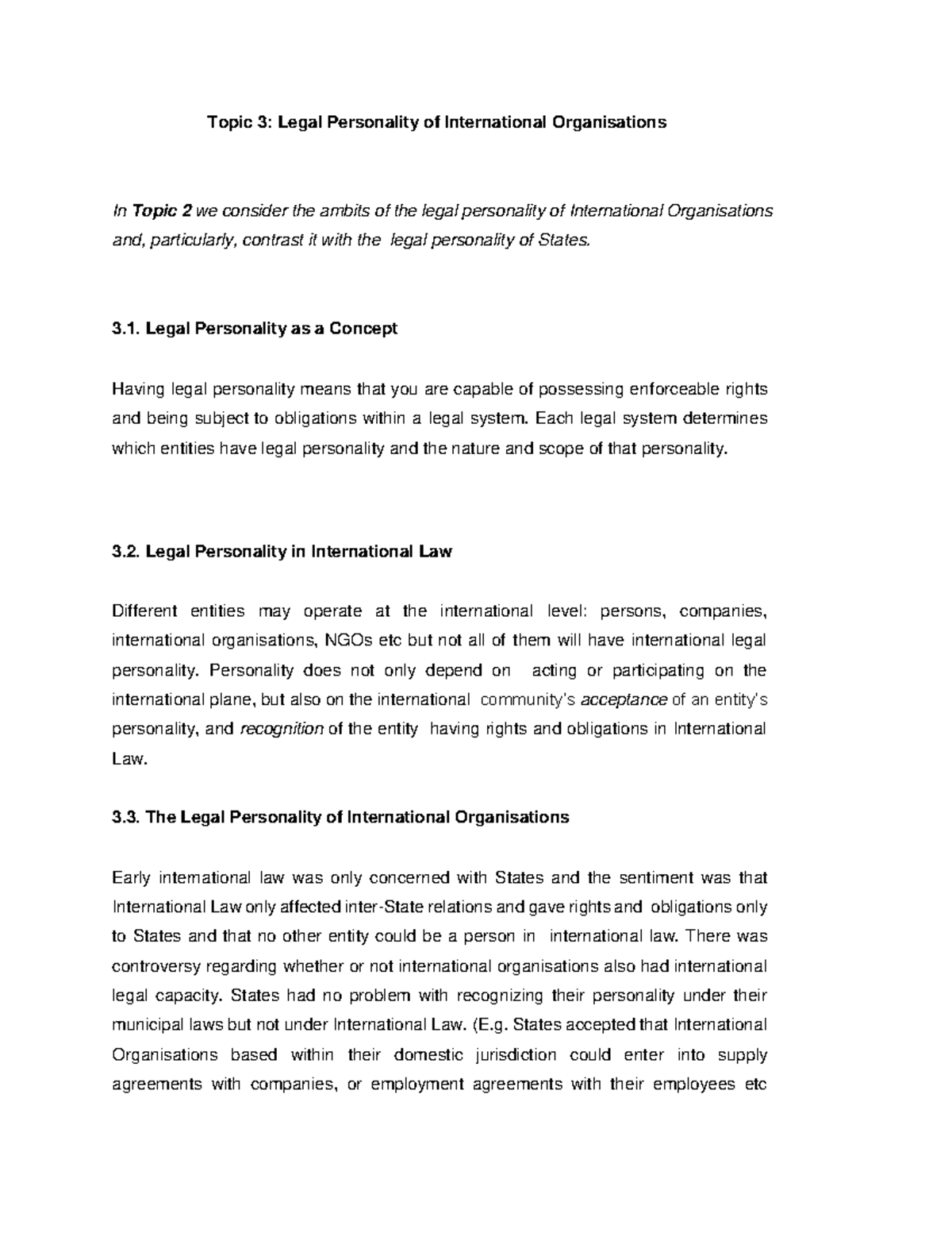 Topic 3-Legal Personality - Topic 3: Legal Personality of International ...