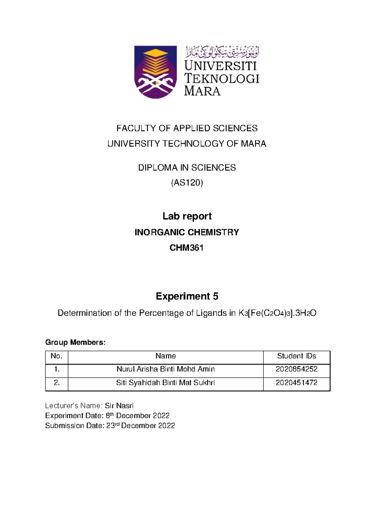 EXP 4 lab report chm361 - EXPERIMENT 4 Synthesis of Potassium tris ...