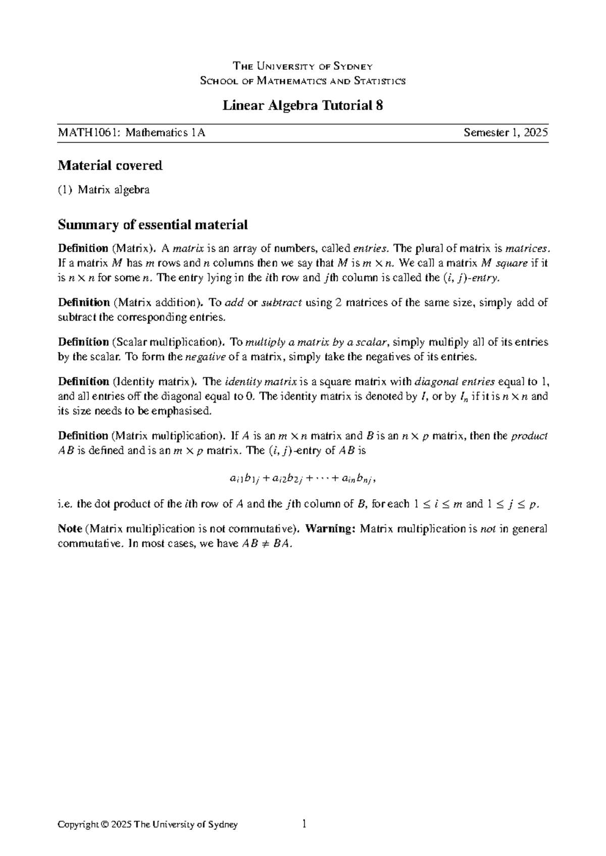 Linear Algebra Tutorial 8 Summary for MATH1061: Math 1A, Sem 1 2025 - Studocu