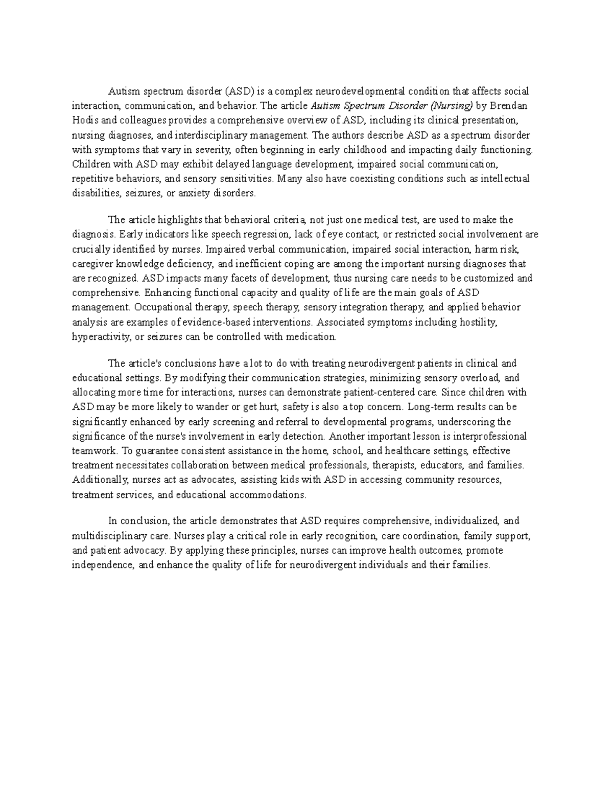 Nursing Care for Autism Spectrum Disorder (ASD) Overview - Studocu