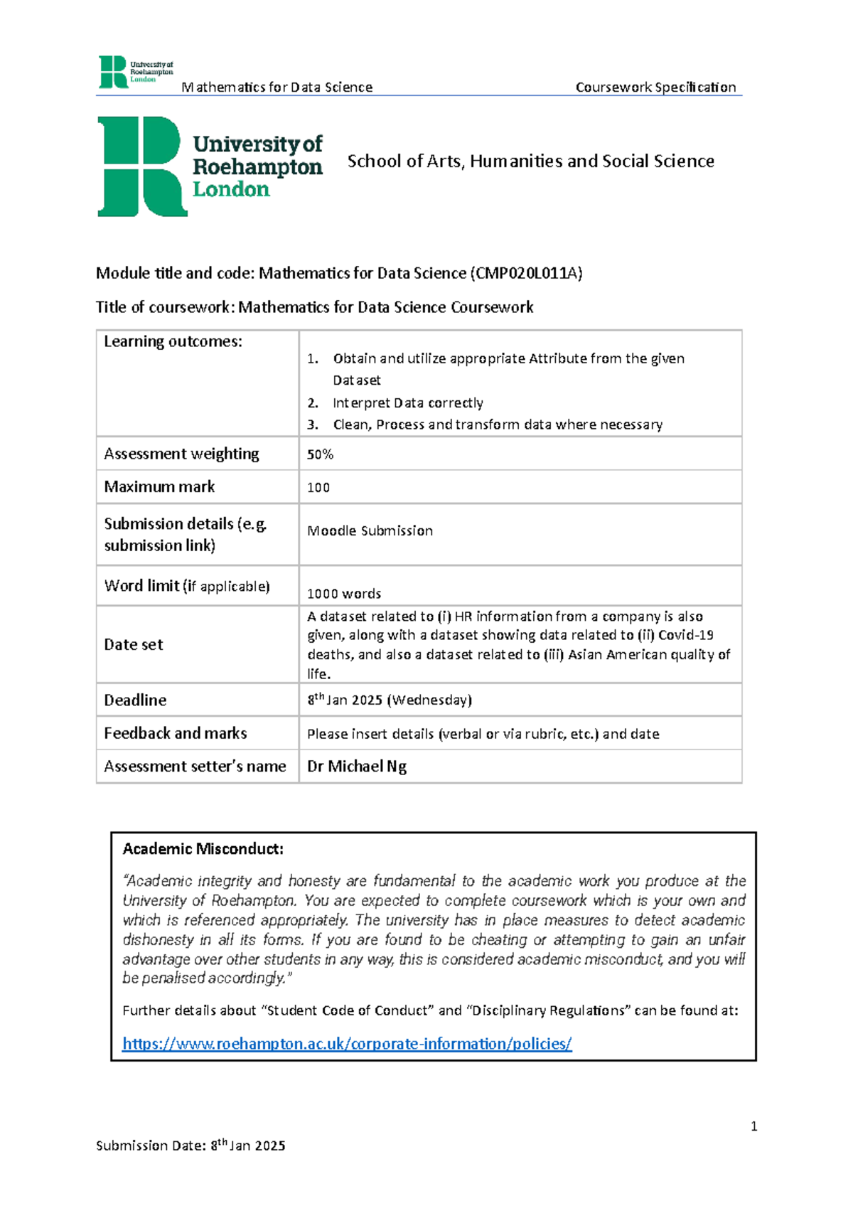 Math for ds coursework assessment sept 2024 - 1 Submission Date: 8 th ...