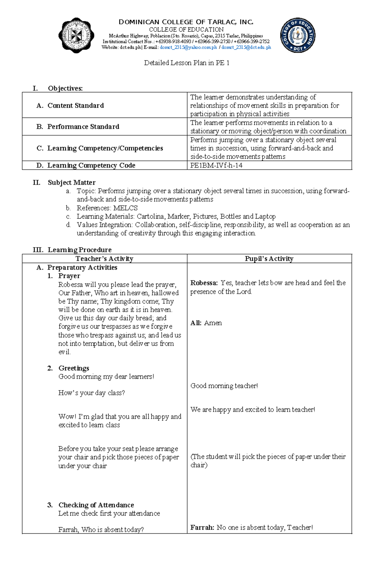 DLP PE 1 - Lesson Plan for Jumping Techniques and Activities - Studocu