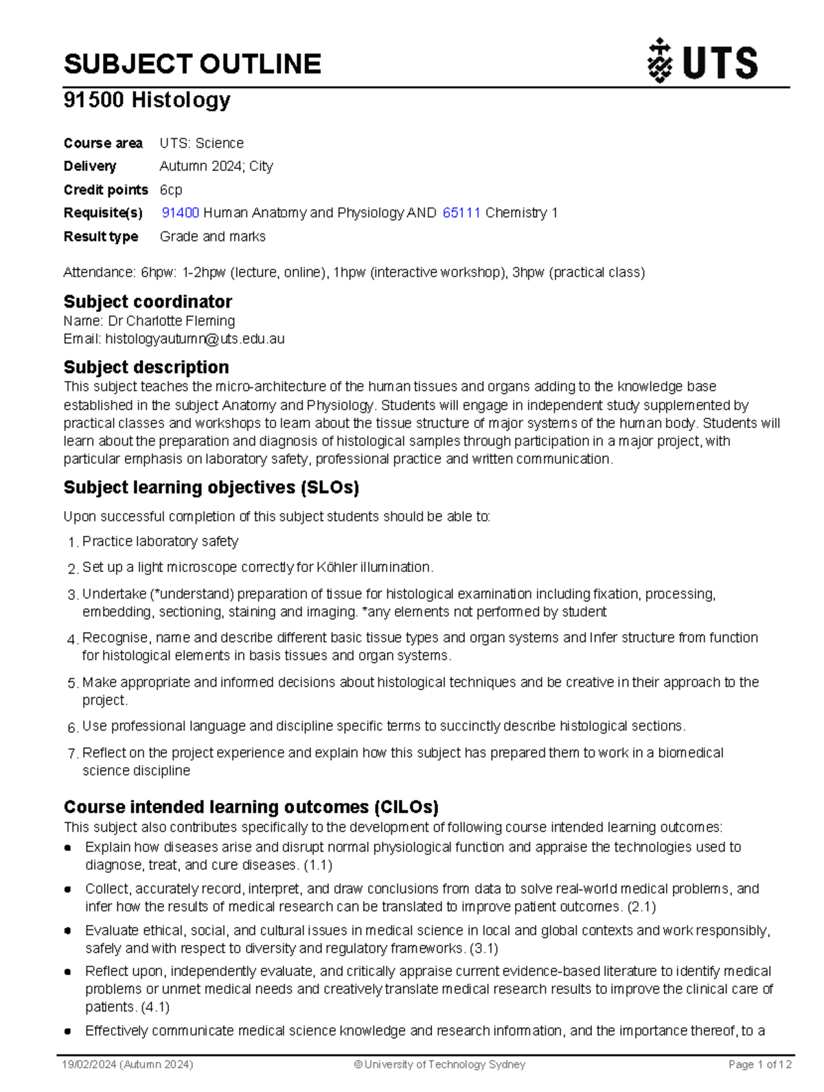 91500 Histology Course Overview and Learning Objectives 2024 - Studocu
