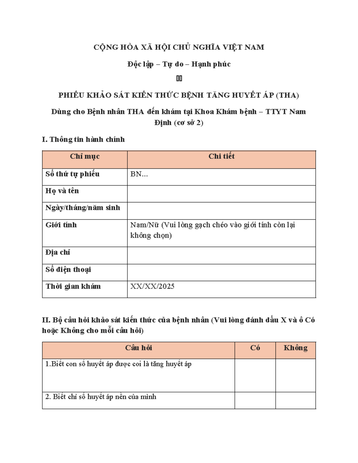 PHIẾU KHẢO SÁT KIẾN THỨC BỆNH TĂNG HUYẾT ÁP TTYT Nam Định CS2 - Studocu
