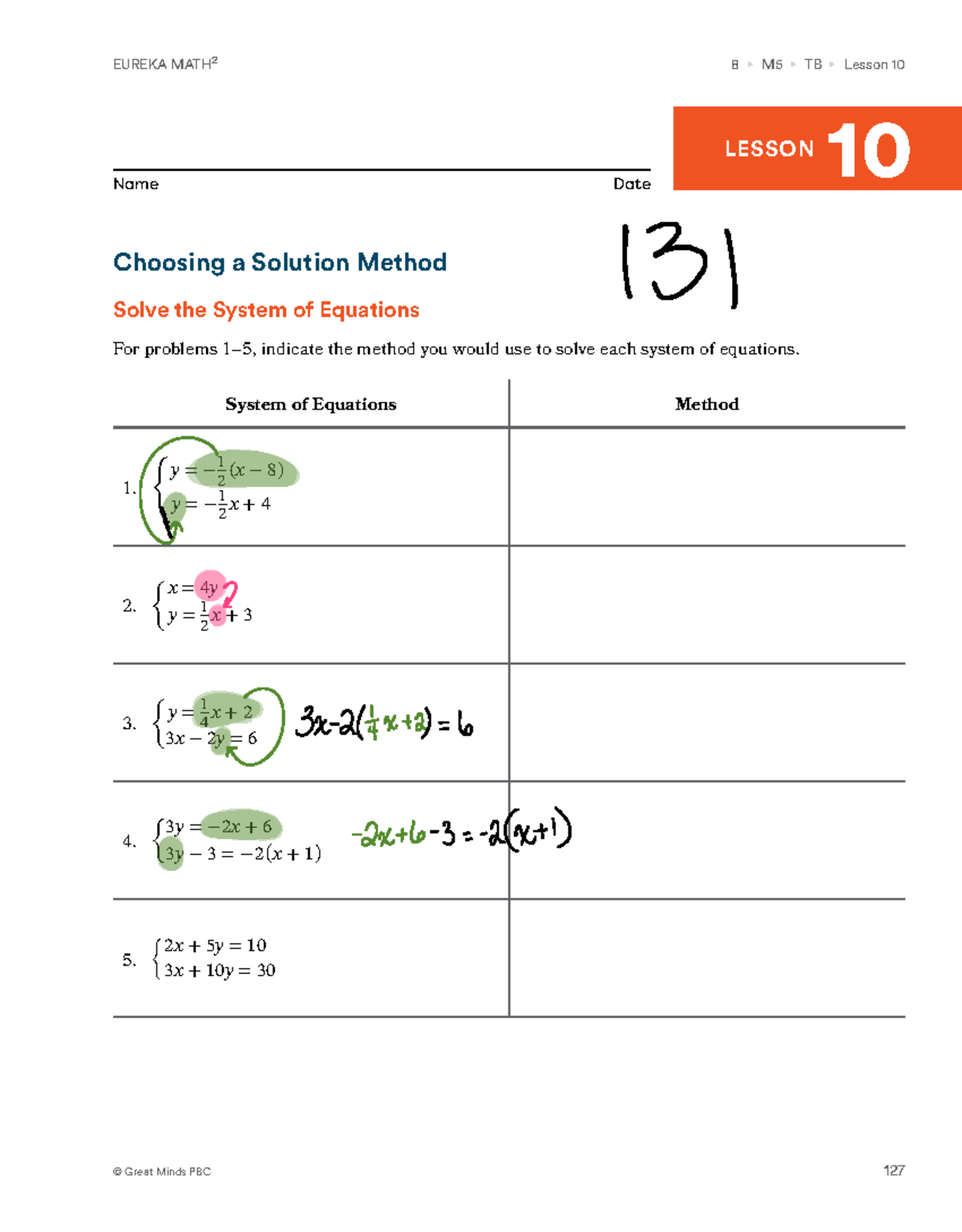 EUREKA MATH2 8 M5 TB Lesson 10: Solving Systems of Equations - Studocu