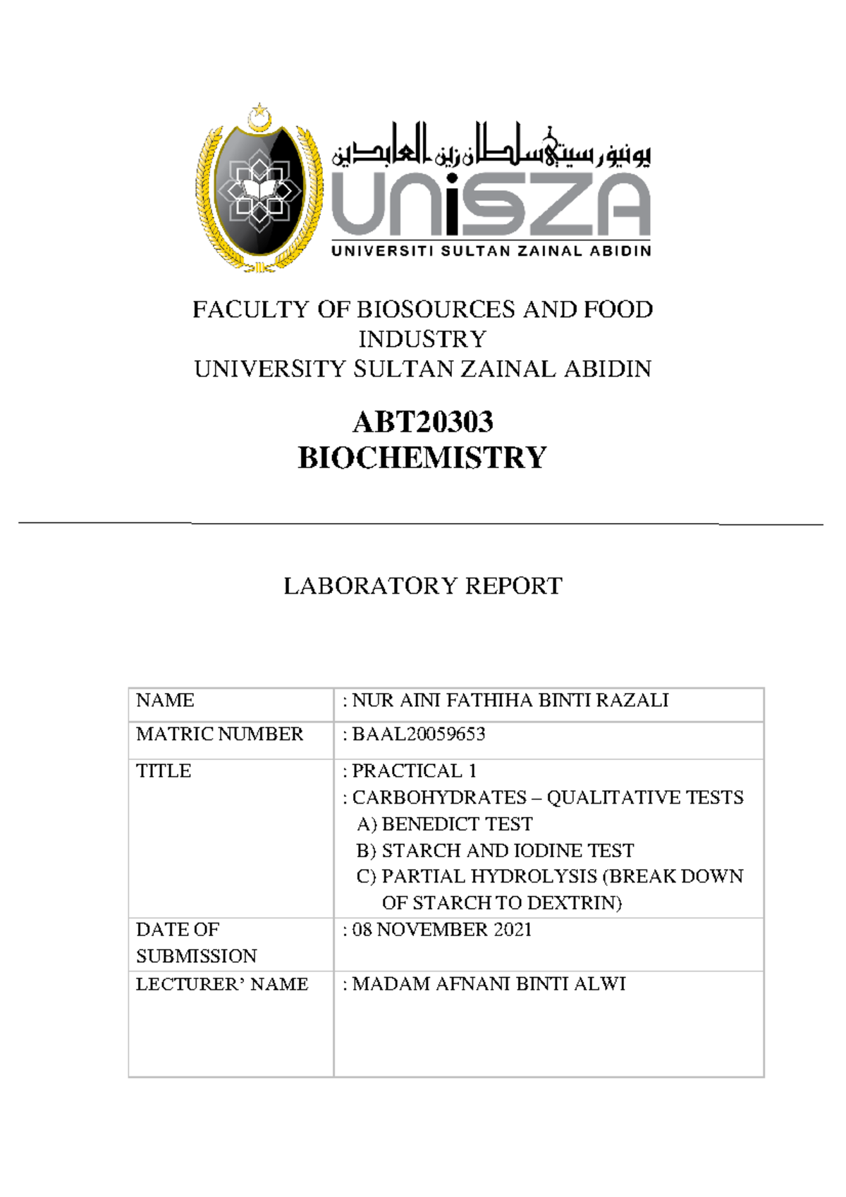 LAB Report 1 Carbohydrates - Qualitative Tests - Biochemistry - UniSZA ...