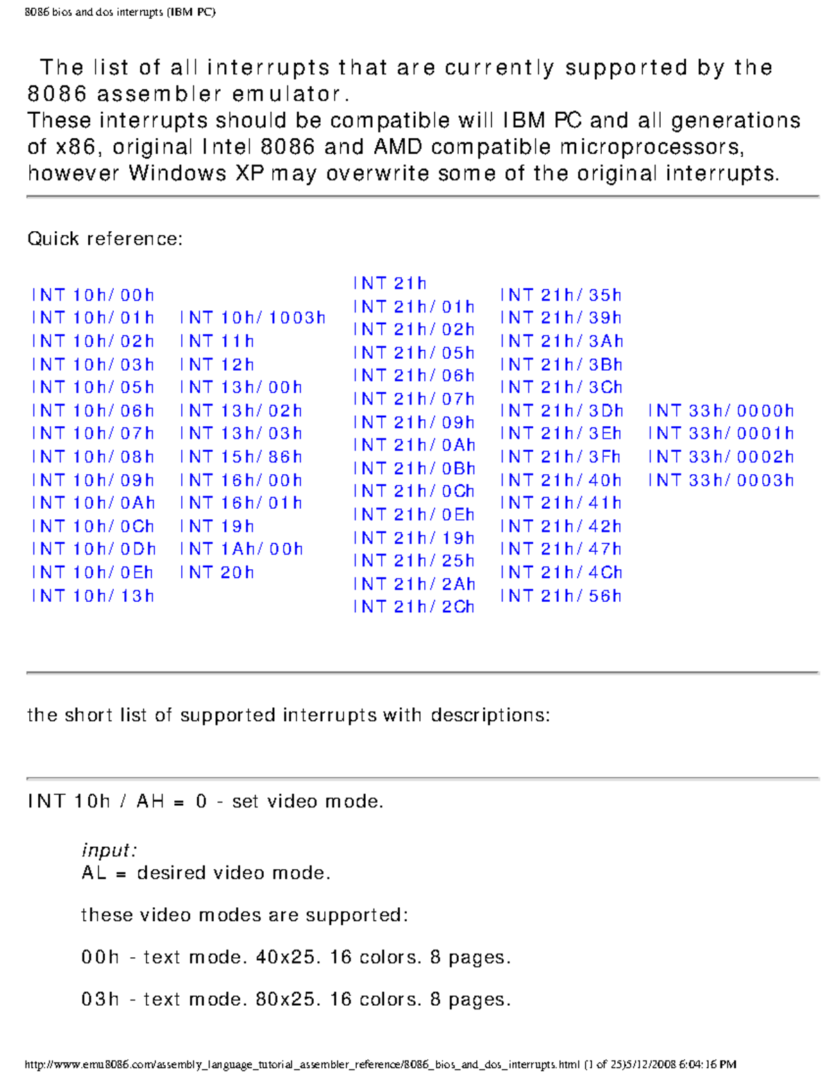 Intel 8086 bios and dos interrupts Ibmpc - Th e list of a ll in t e r r ...
